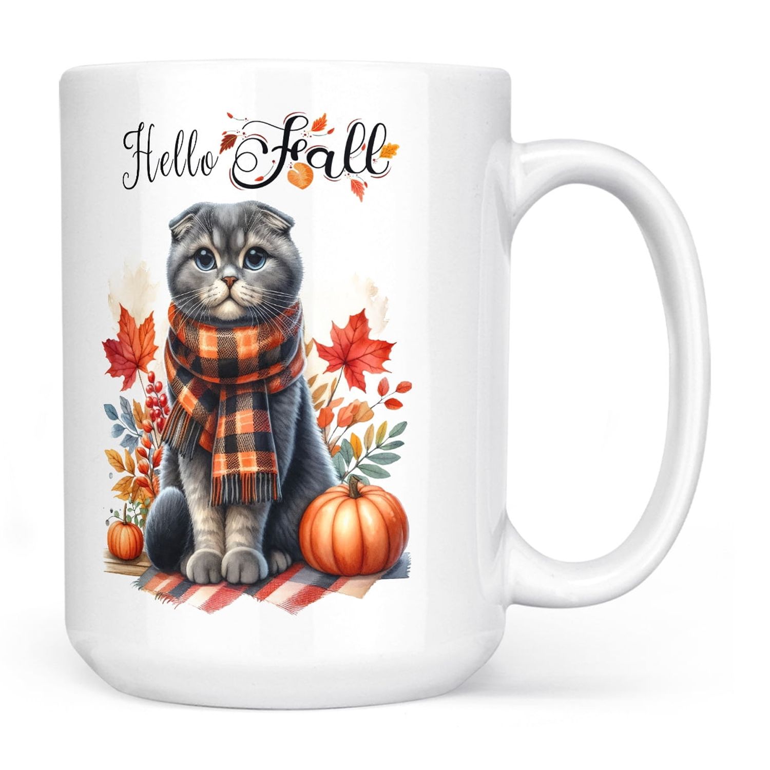 Hello Fall Scottish Fold Scarf Welcome Autumn with Leaves Pumpkins Mug ...