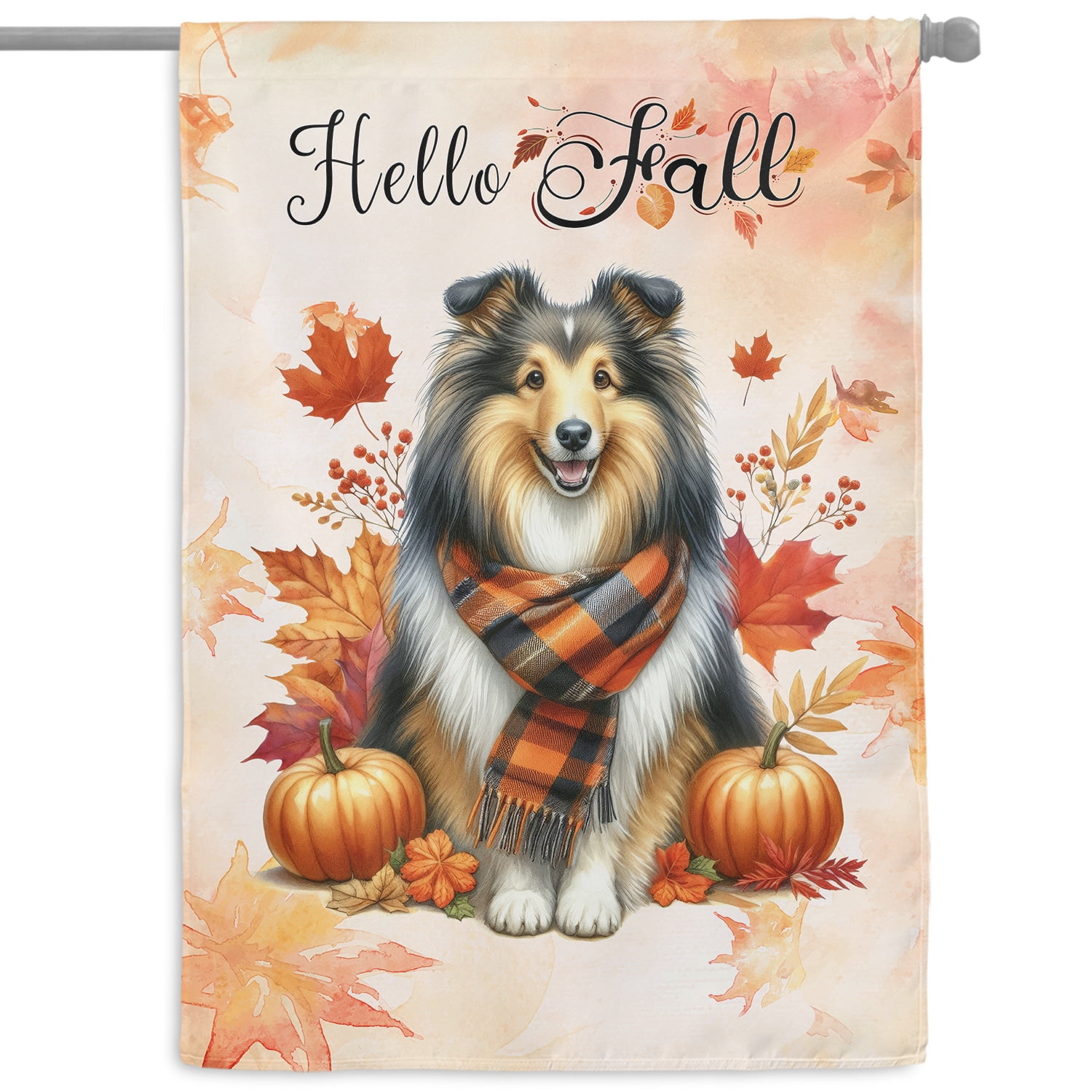 Hello Fall Shetland Sheepdog Scarf Welcome Autumn with Leaves Pumpkins ...