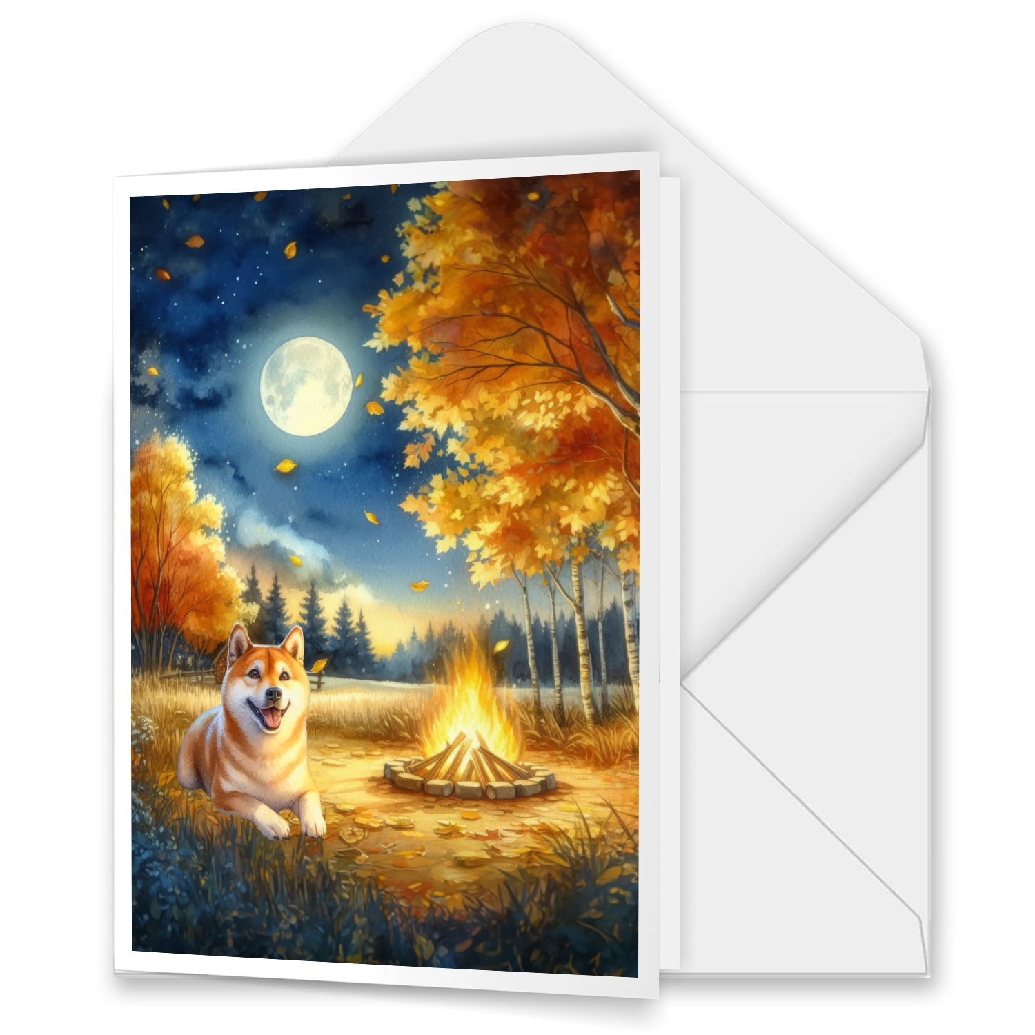 Hello Fall Shiba Inu Enjoys Warm Campfire Autumn Night Bright Moon 5x7in Folded Greeting Card ...