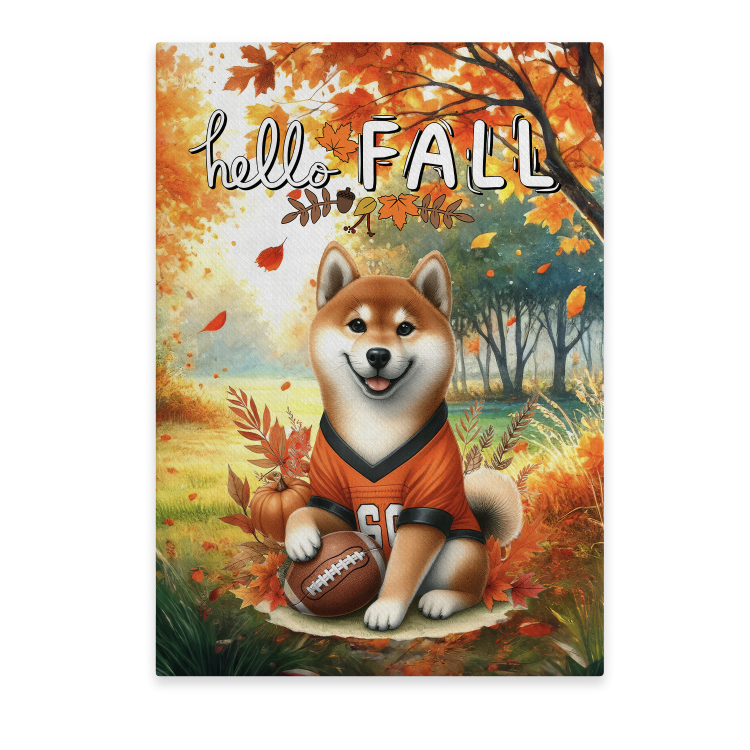 Hello Fall Shiba Inu Football Welcome Autumn with Leaves Pumpkins ...