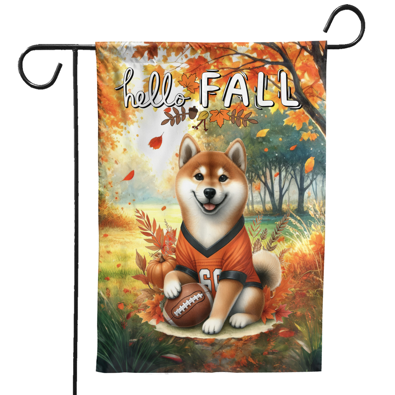 Hello Fall Shiba Inu Football Welcome Autumn with Leaves Pumpkins ...