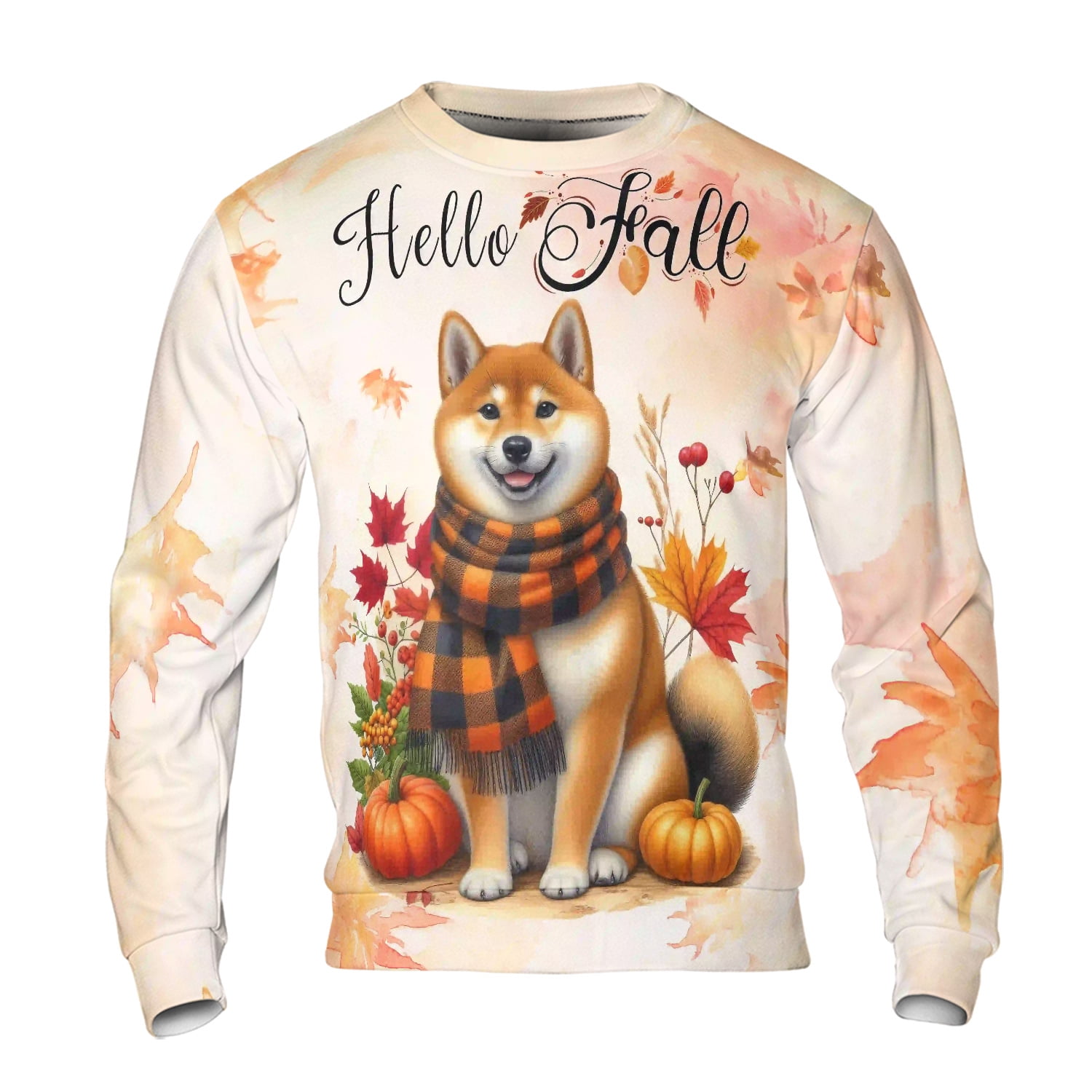 Hello Fall Shiba Inu Scarf Welcome Autumn with Leaves Pumpkins All Over ...