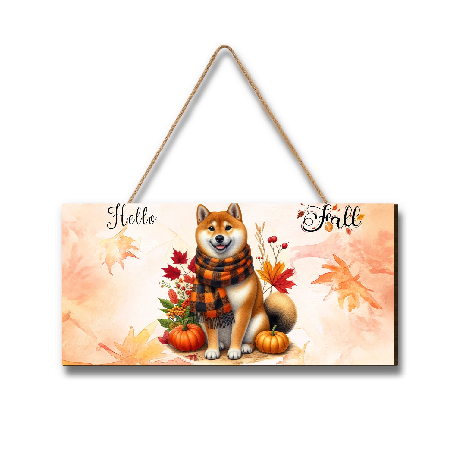 Hello Fall Shiba Inu Scarf Welcome Autumn with Leaves Pumpkins ...