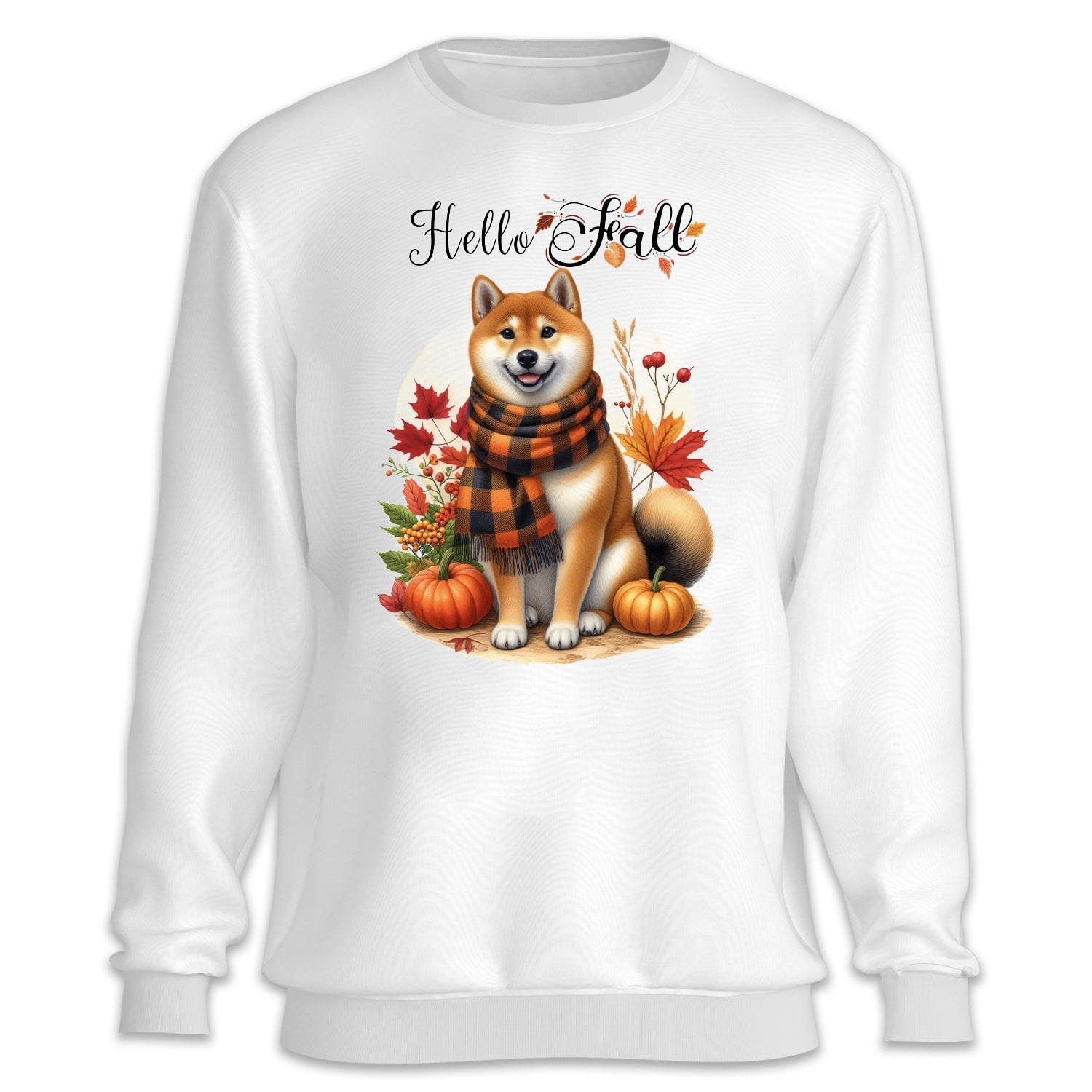 Hello Fall Shiba Inu Scarf Welcome Autumn with Leaves Pumpkins ...