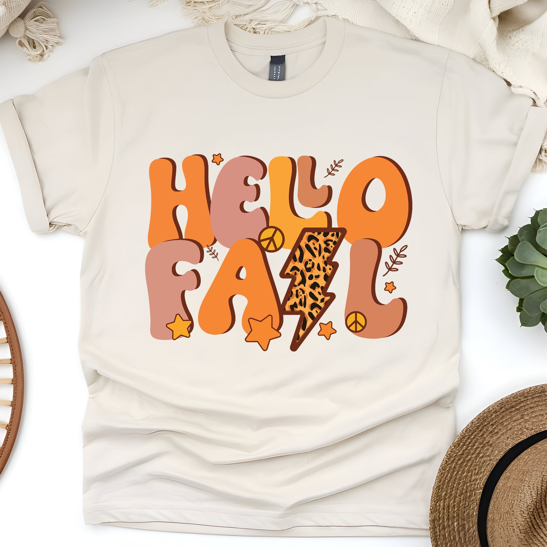 Hello Fall Shirt Retro Leopard Lightning Bolt Cute Cozy Autumn Graphic ...