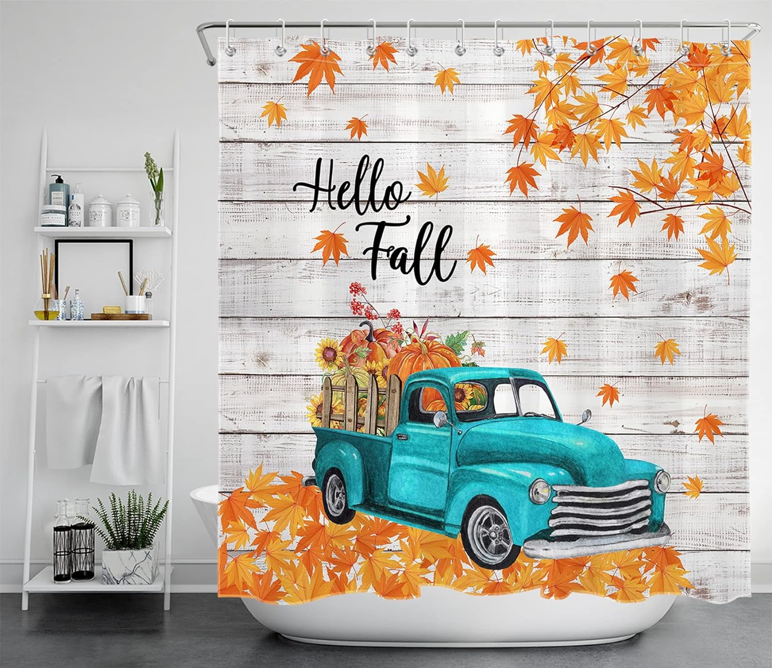 Hello Fall Shower Curtain Vintage Blue Truck Pumpkin Sunflower Autumn ...