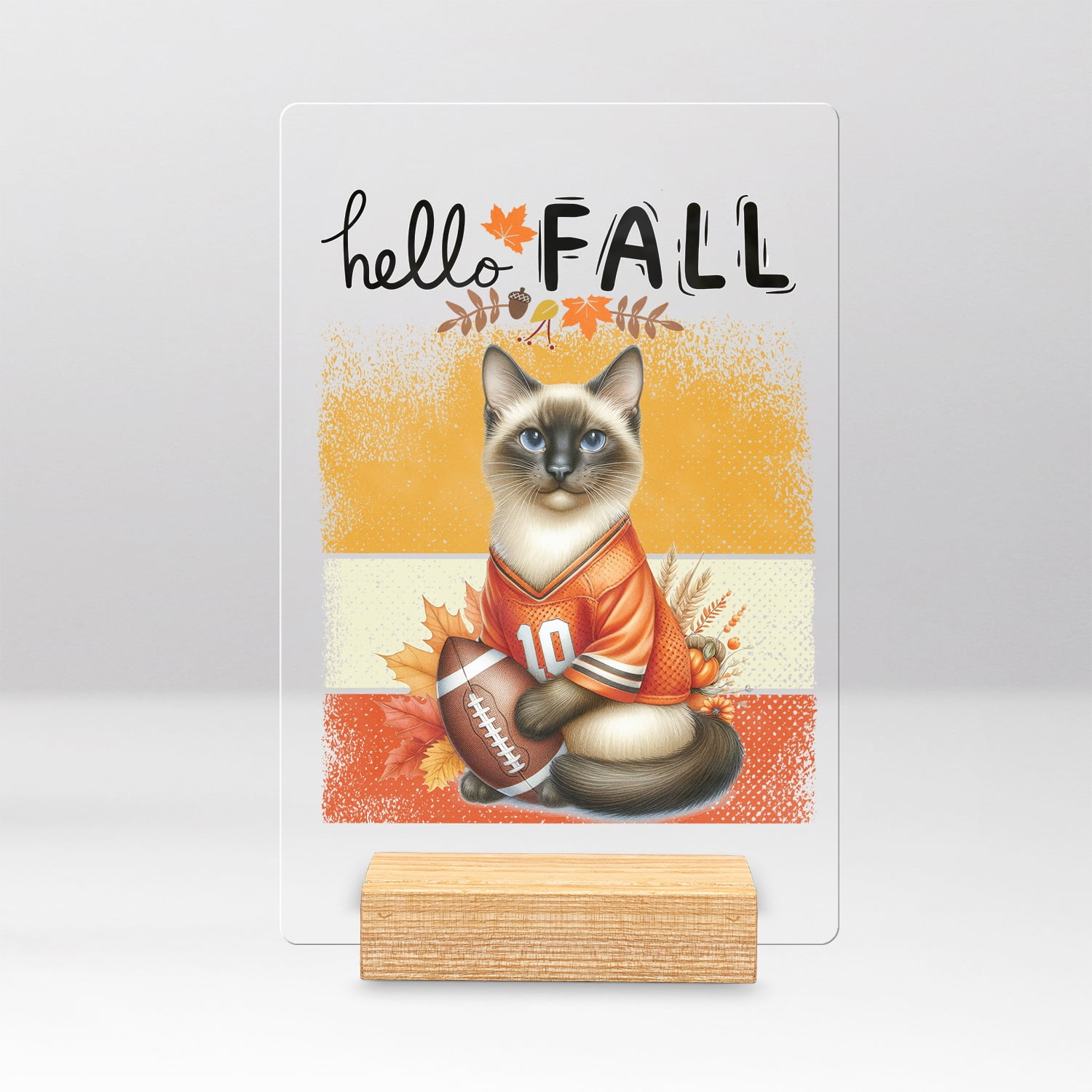 Hello Fall Siamese Football Welcome Autumn with Leaves Pumpkins Acrylic ...