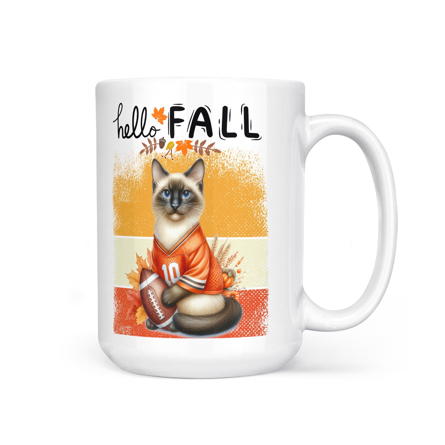 Hello Fall Siamese Football Welcome Autumn with Leaves Pumpkins Mug Cat ...