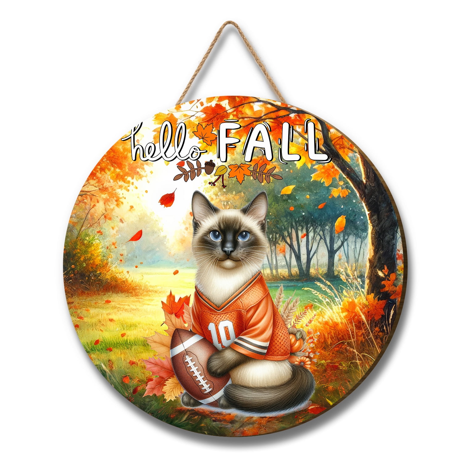 Hello Fall Siamese Football Welcome Autumn with Leaves Pumpkins Round ...