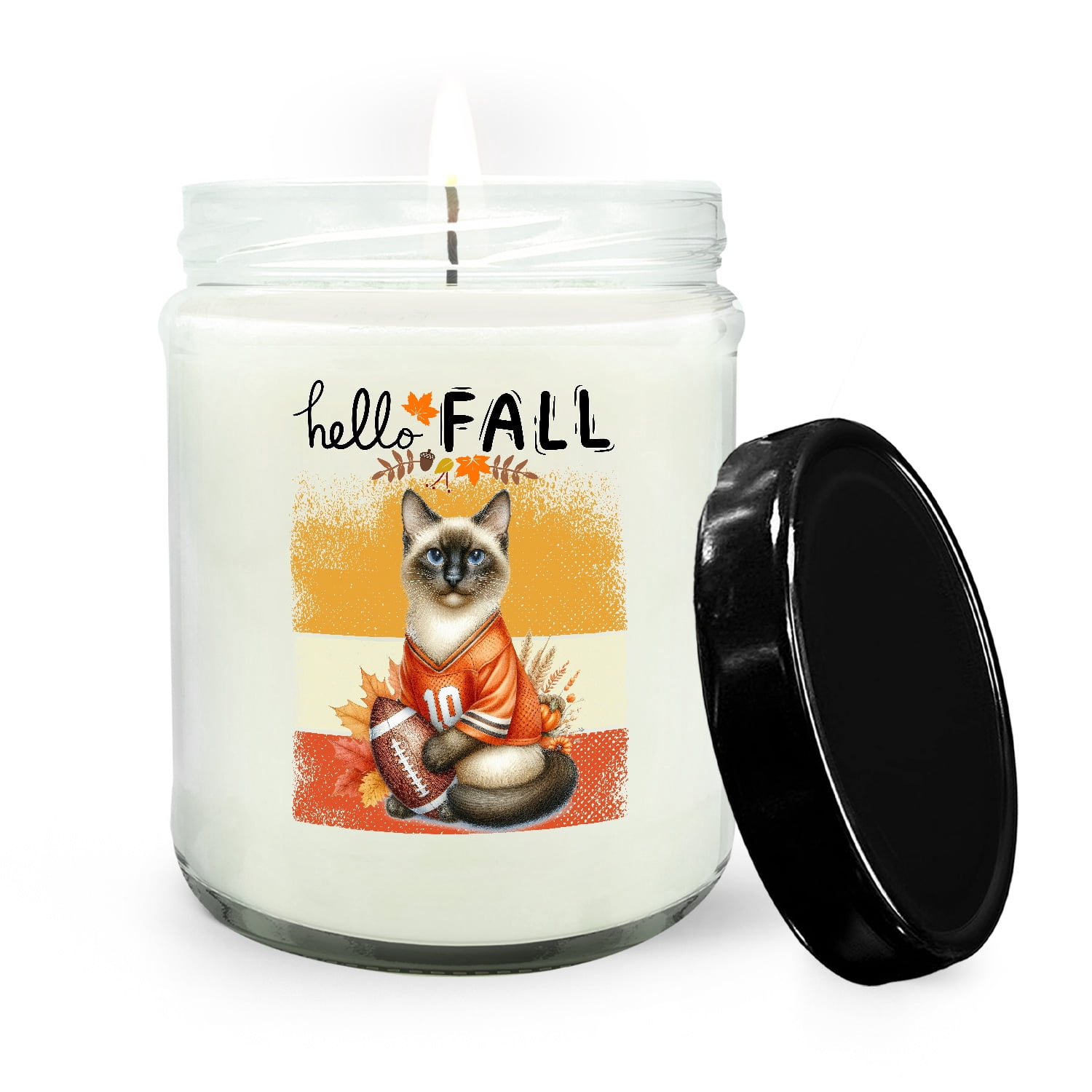 Hello Fall Siamese Football Welcome Autumn with Leaves Pumpkins Soy Wax ...