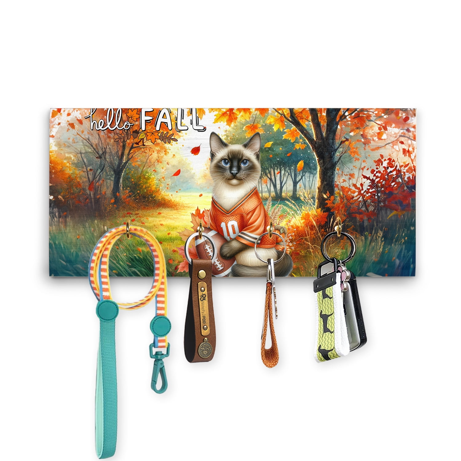Hello Fall Siamese Football Welcome Autumn with Leaves Pumpkins Wood ...