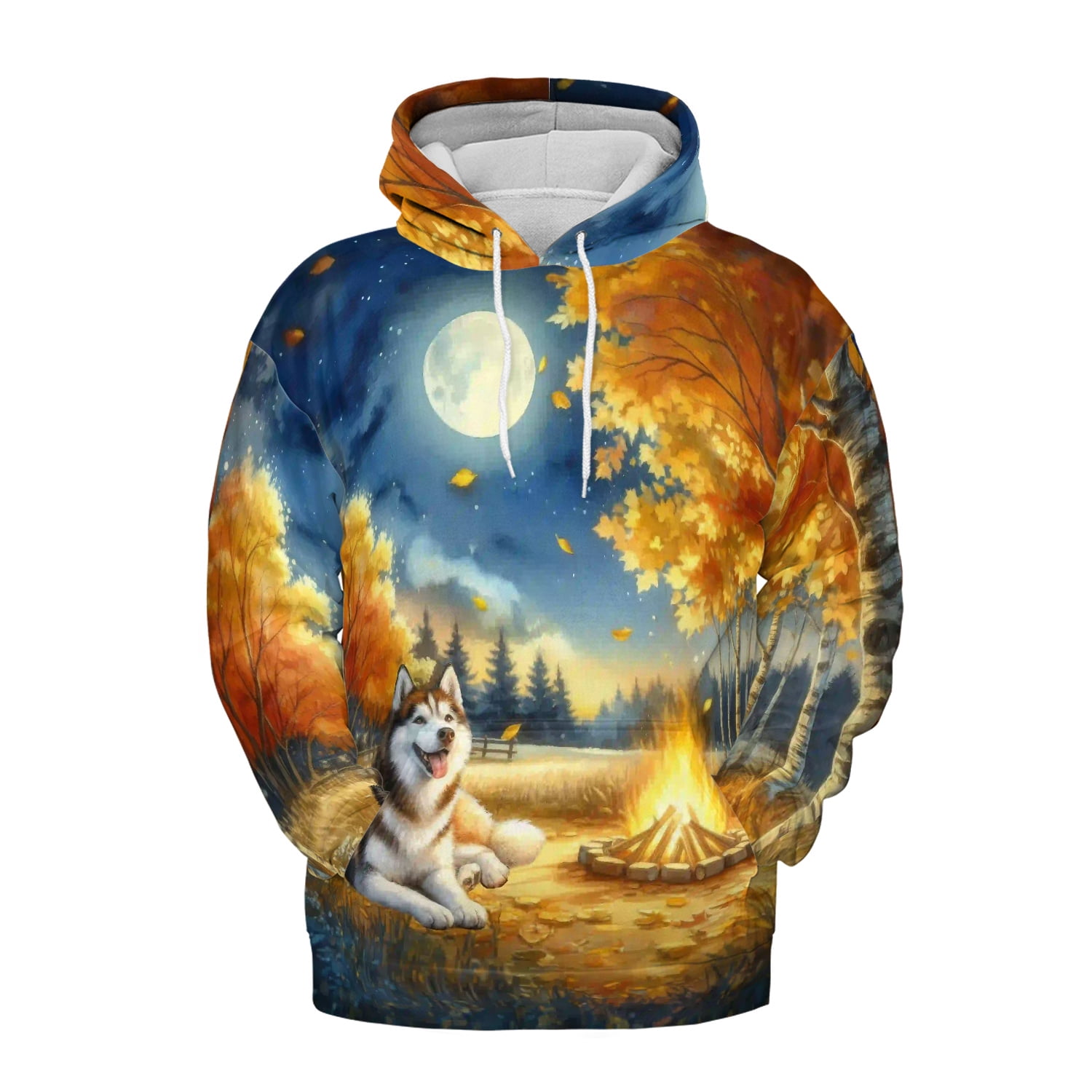 Hello Fall Siberian Husky Enjoys Warm Campfire Autumn Night Bright Moon ...