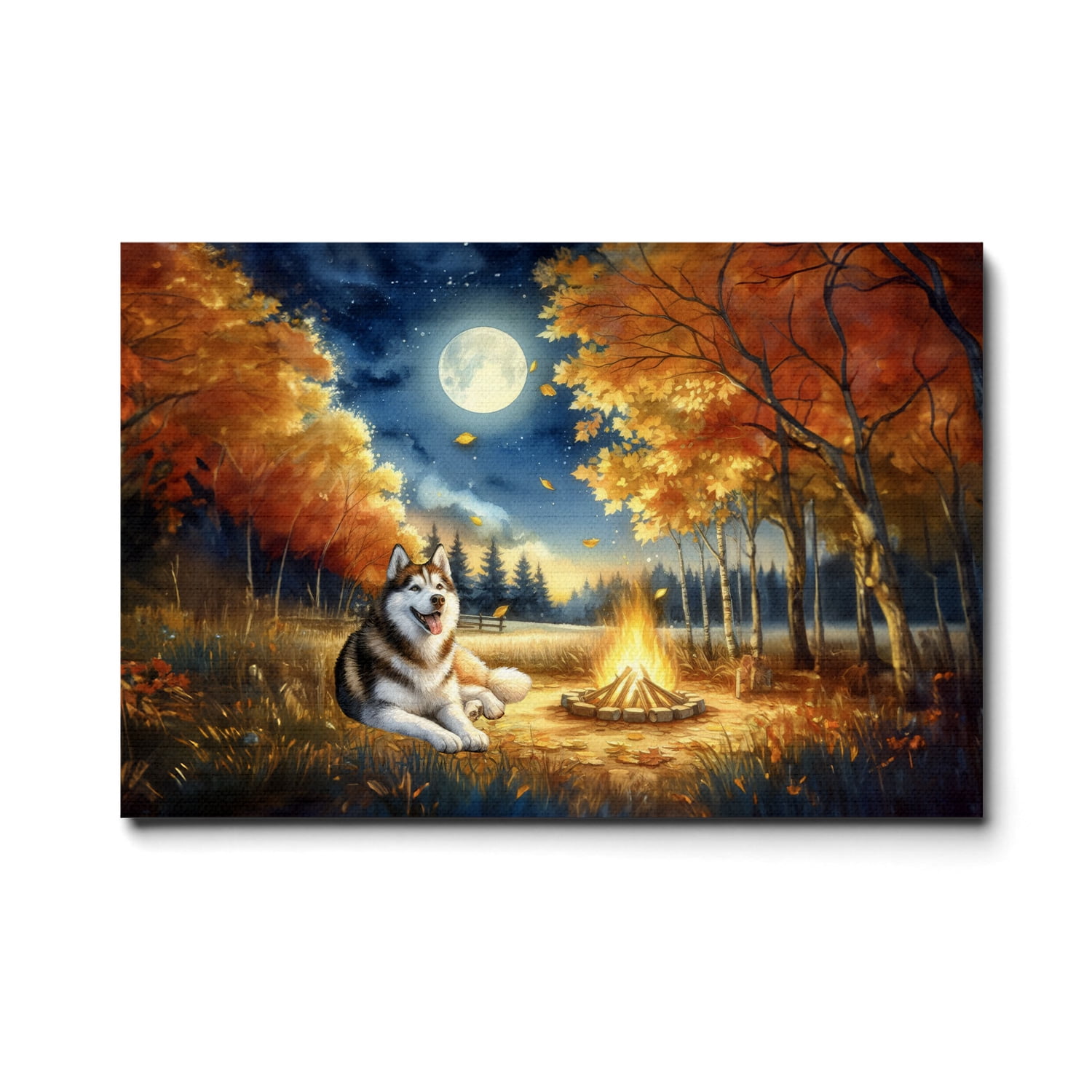 Hello Fall Siberian Husky Enjoys Warm Campfire Autumn Night Bright Moon ...