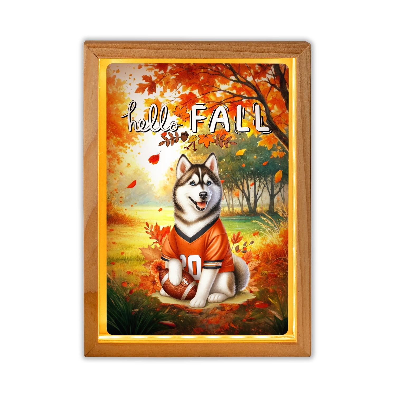 Hello Fall Siberian Husky Football Welcome Autumn with Leaves Pumpkins ...