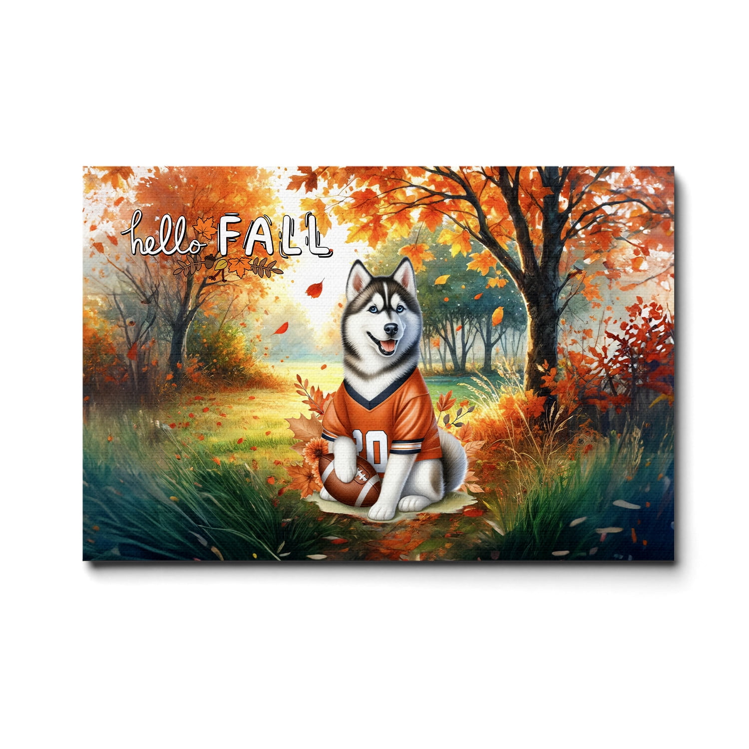 Hello Fall Siberian Husky Football Welcome Autumn with Leaves Pumpkins ...