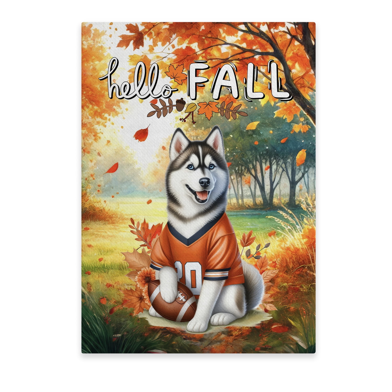 Hello Fall Siberian Husky Football Welcome Autumn with Leaves Pumpkins ...