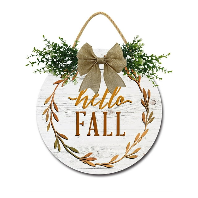Hello Fall Sign Front Door Porch Decorations, Round Rustic Wood Hanging ...
