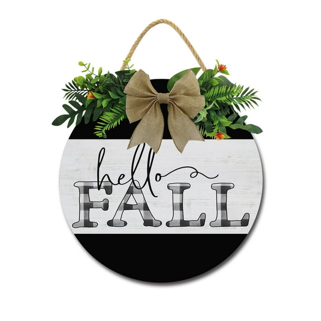 Hello Fall Sign Front Door Porch Decorations, Round Rustic Wood Hanging ...