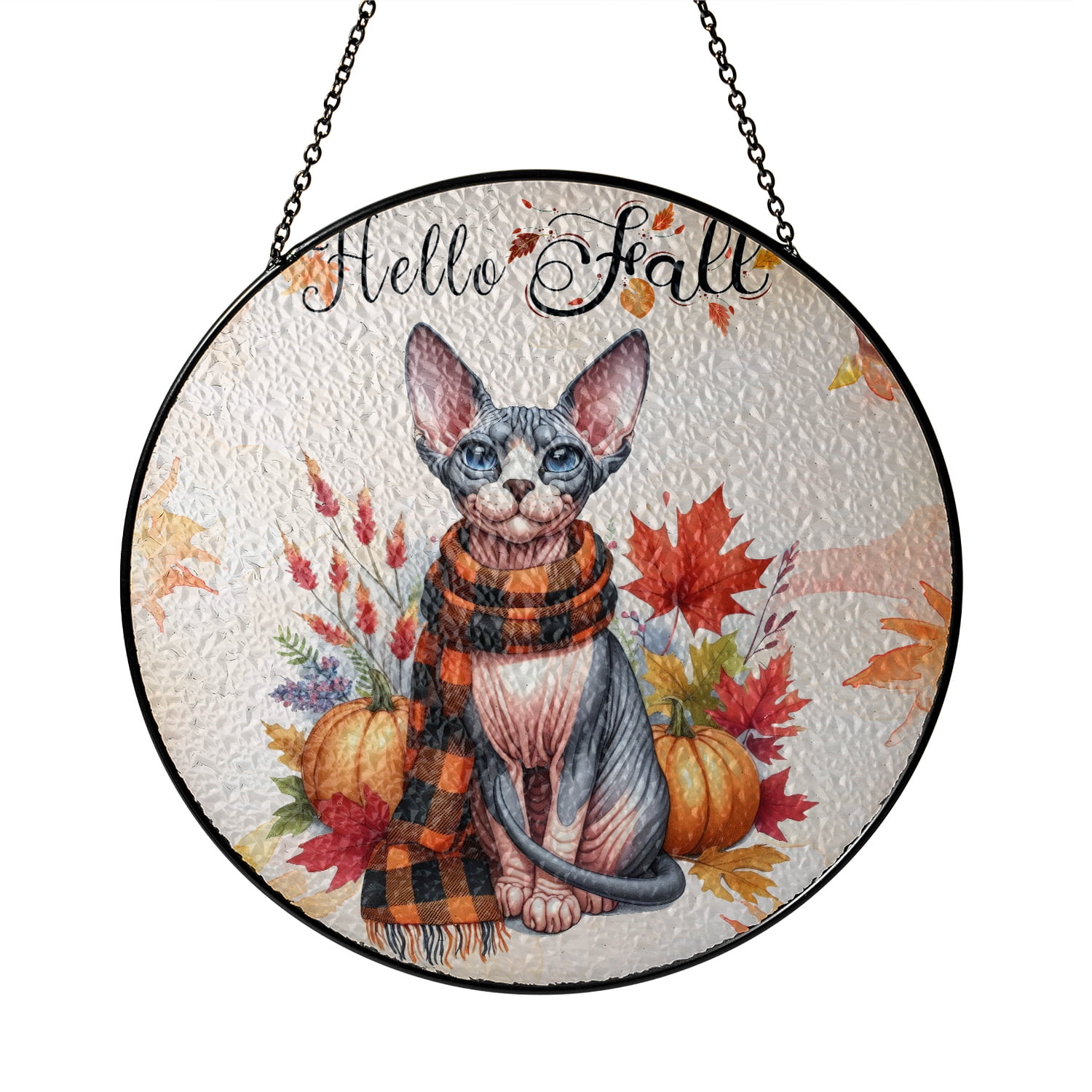 Hello Fall Sphynx Scarf Welcome Autumn with Leaves Pumpkins Stained ...
