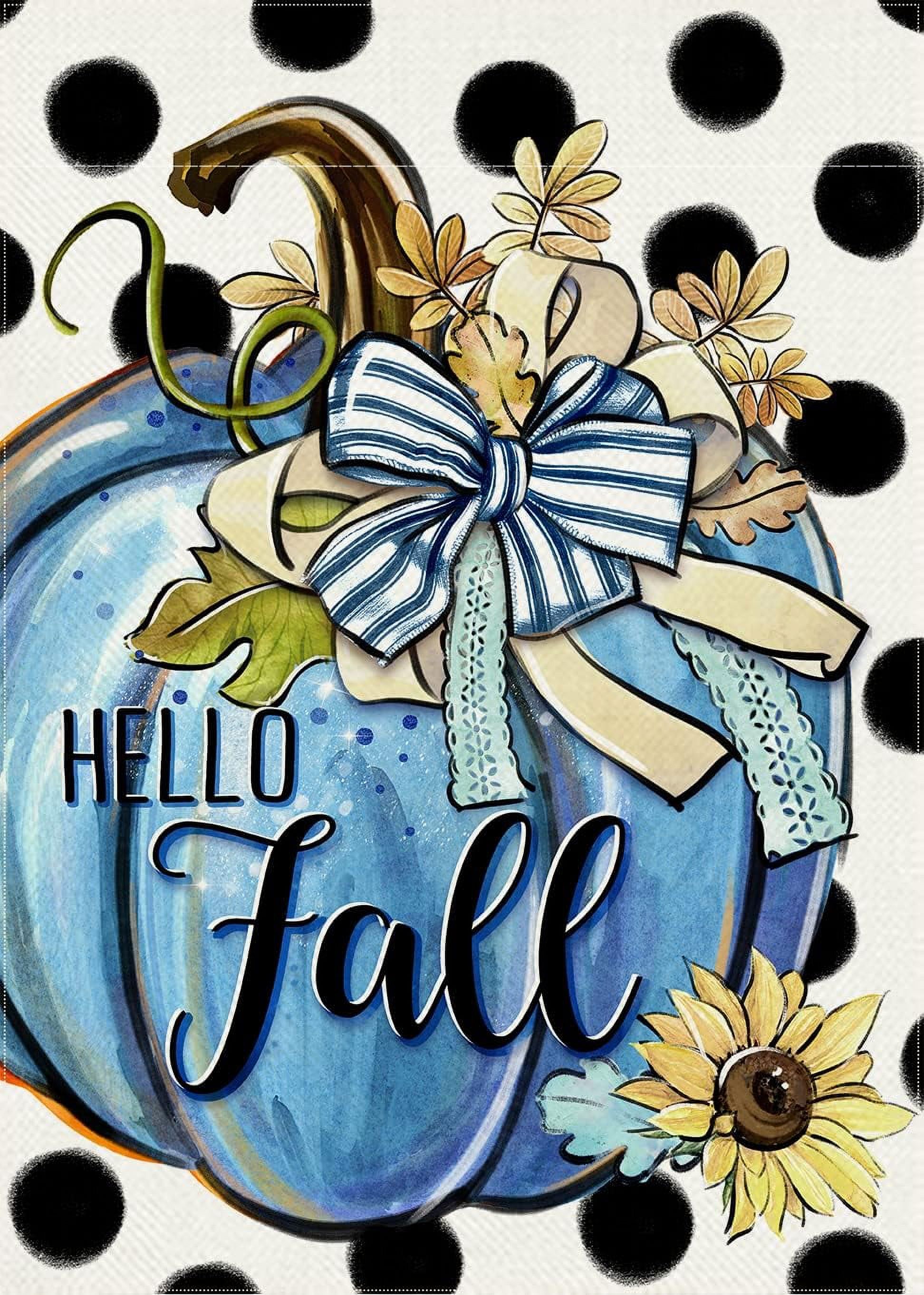 Hello Fall Teal Blue Pumpkin Decorative Garden Flag, Autumn Polka Dots ...