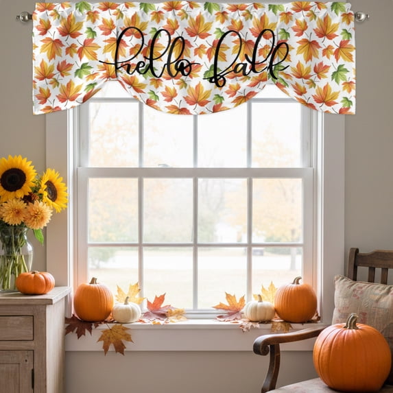 Hello Fall Tie Up Valance for Windows, Fall Maple Leaf Thanksgiving ...