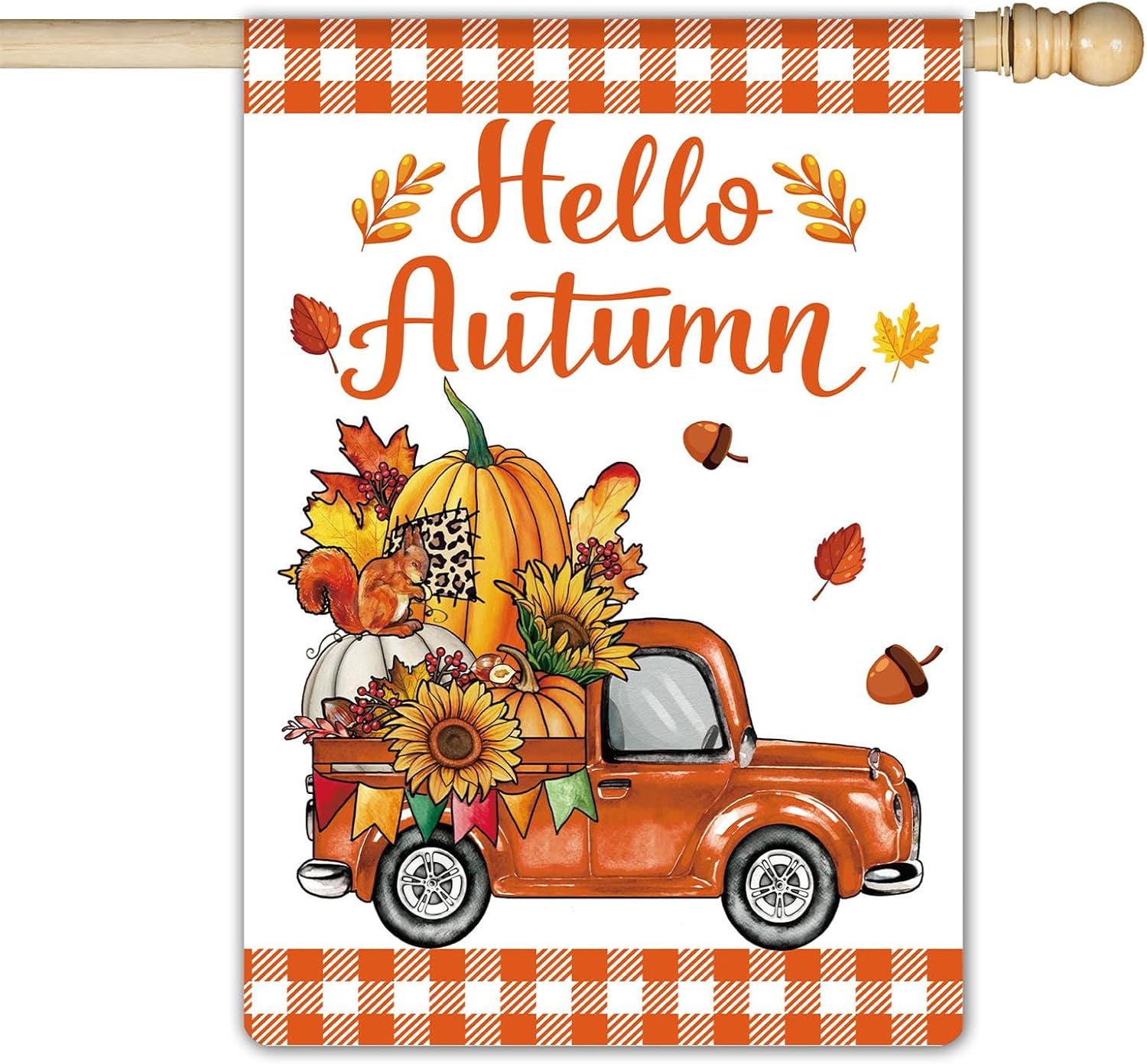 Hello Fall Truck Buffalo Check Plaid Large Garden Flag Thanksgiving Day ...