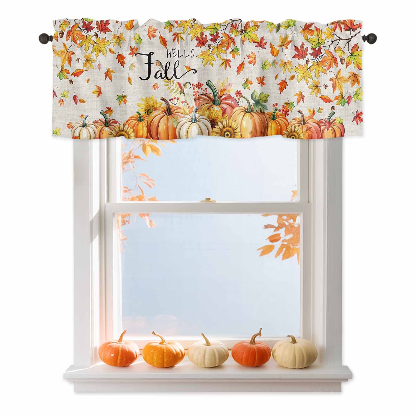 Hello Fall Valances for Windows, 42 x 18in, Thanksgiving Pumpkin Maple ...