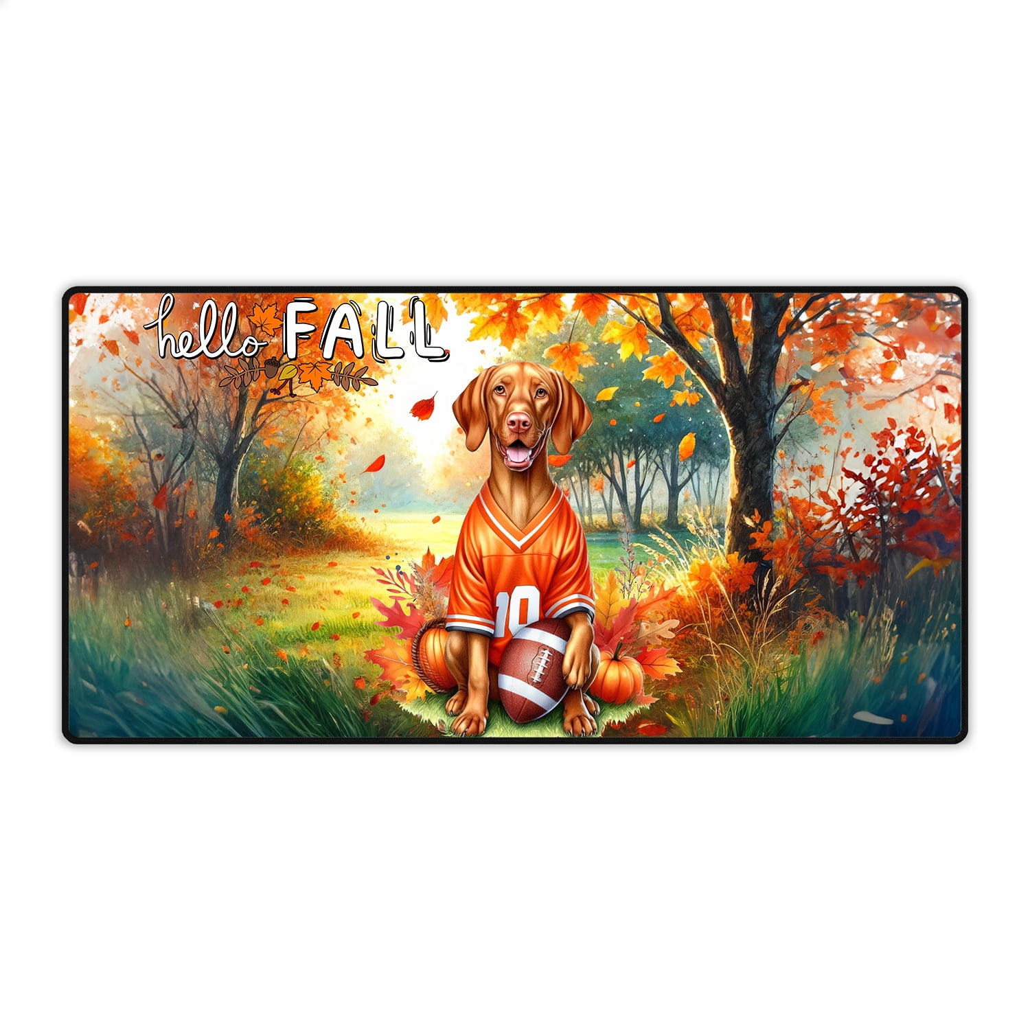 Hello Fall Vizsla Football Welcome Autumn with Leaves Pumpkins Desk Mat ...