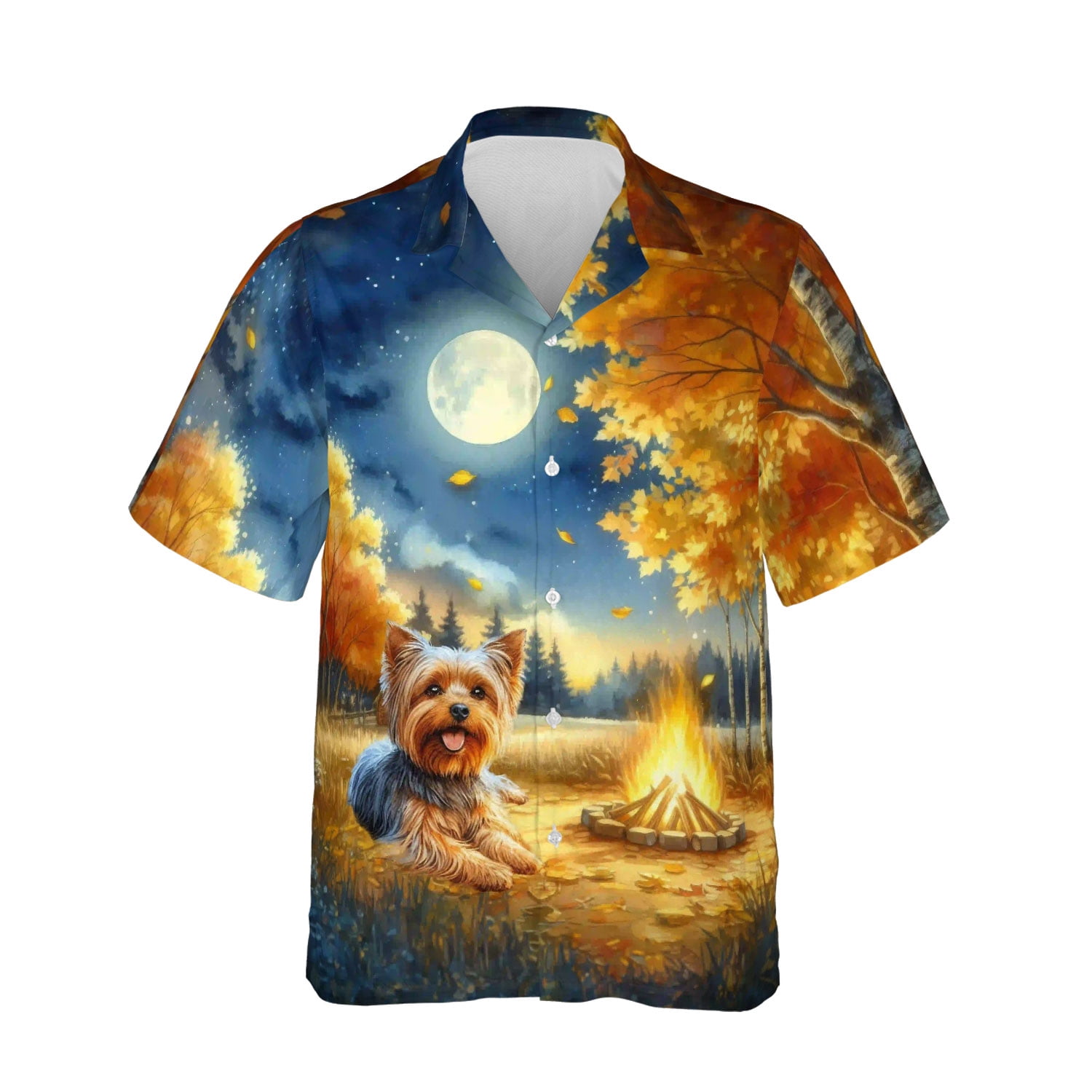 Hello Fall Yorkshire Terrier Enjoys Warm Campfire Autumn Night Bright ...