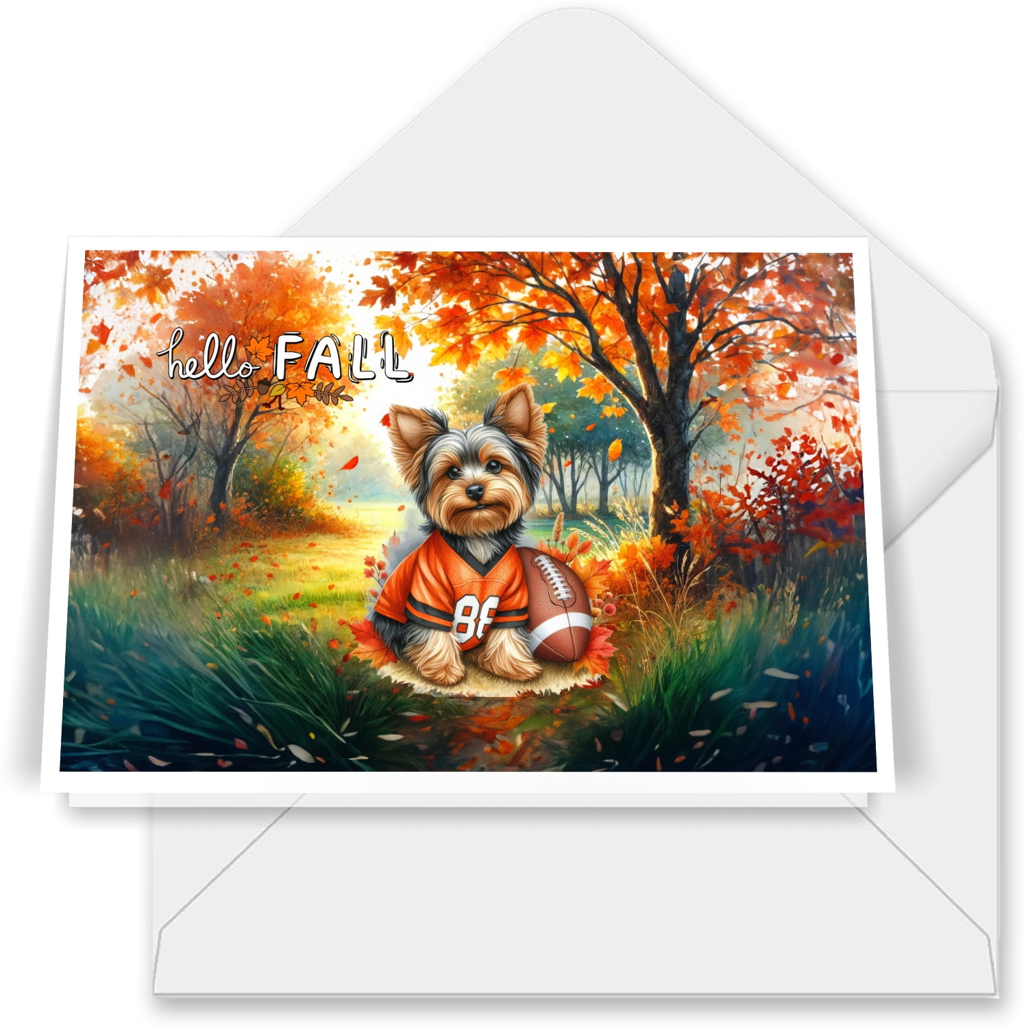 Hello Fall Yorkshire Terrier Football Welcome Autumn with Leaves ...