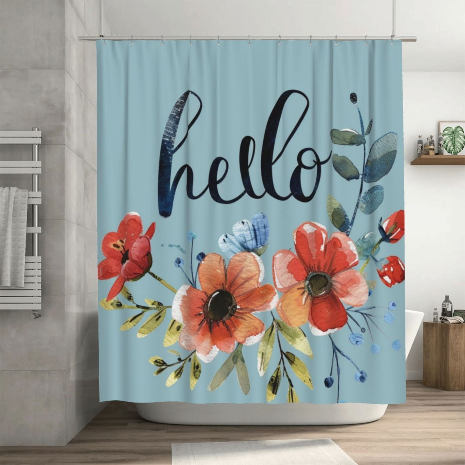 Hello Flowers Blue Shower Curta inch 72x72 inch For Bathroom ...
