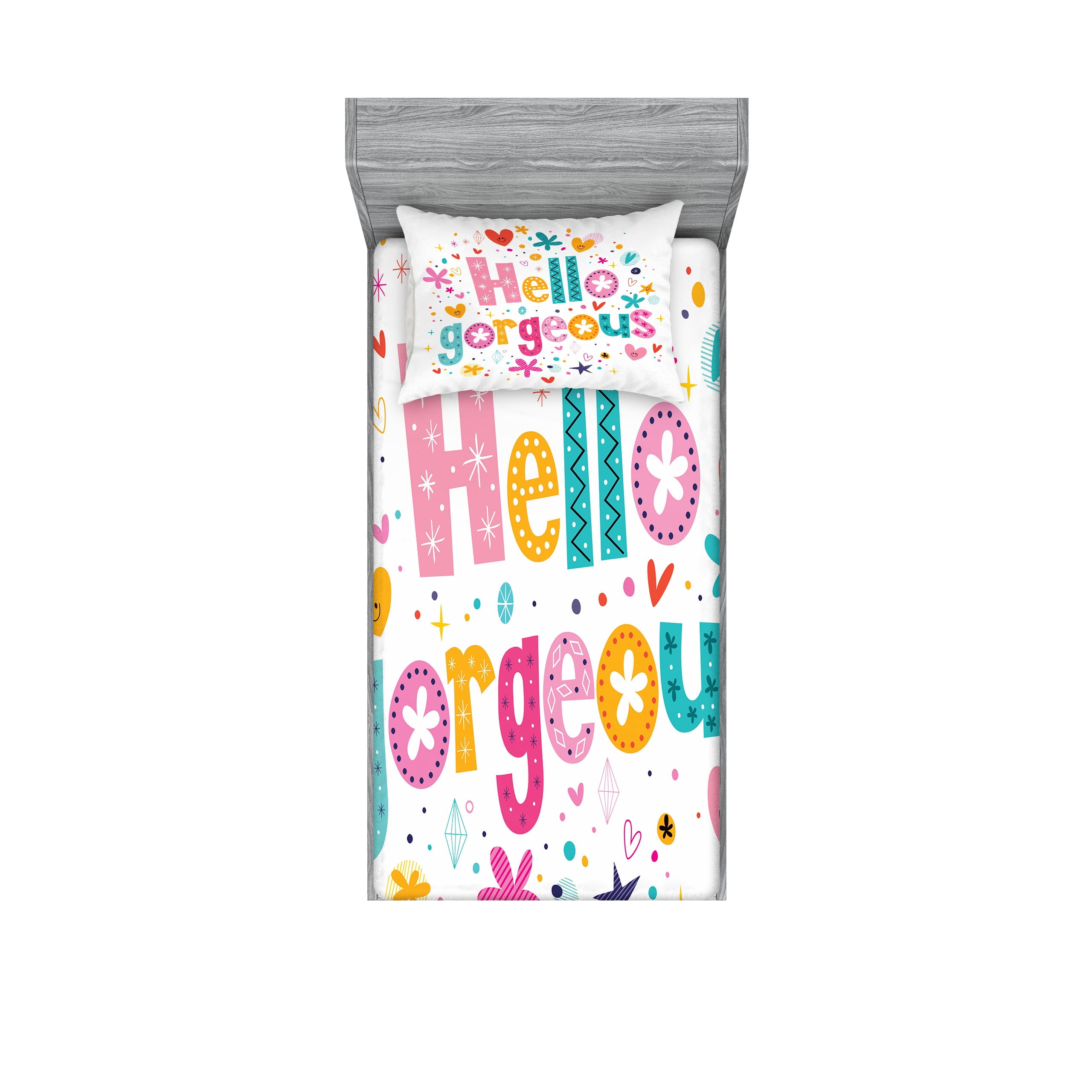 Hello Gorgeous Fitted Sheet & Pillow Sham Set, Girl Female Themed Typography Words with Star ...