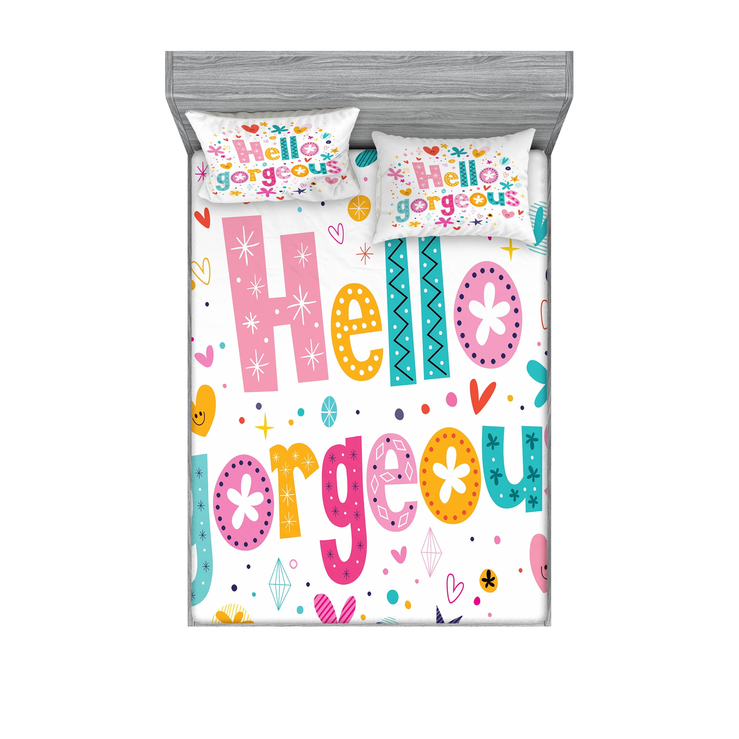 Hello Gorgeous Fitted Sheet & Pillow Sham Set, Girl Female Themed Typography Words with Star ...