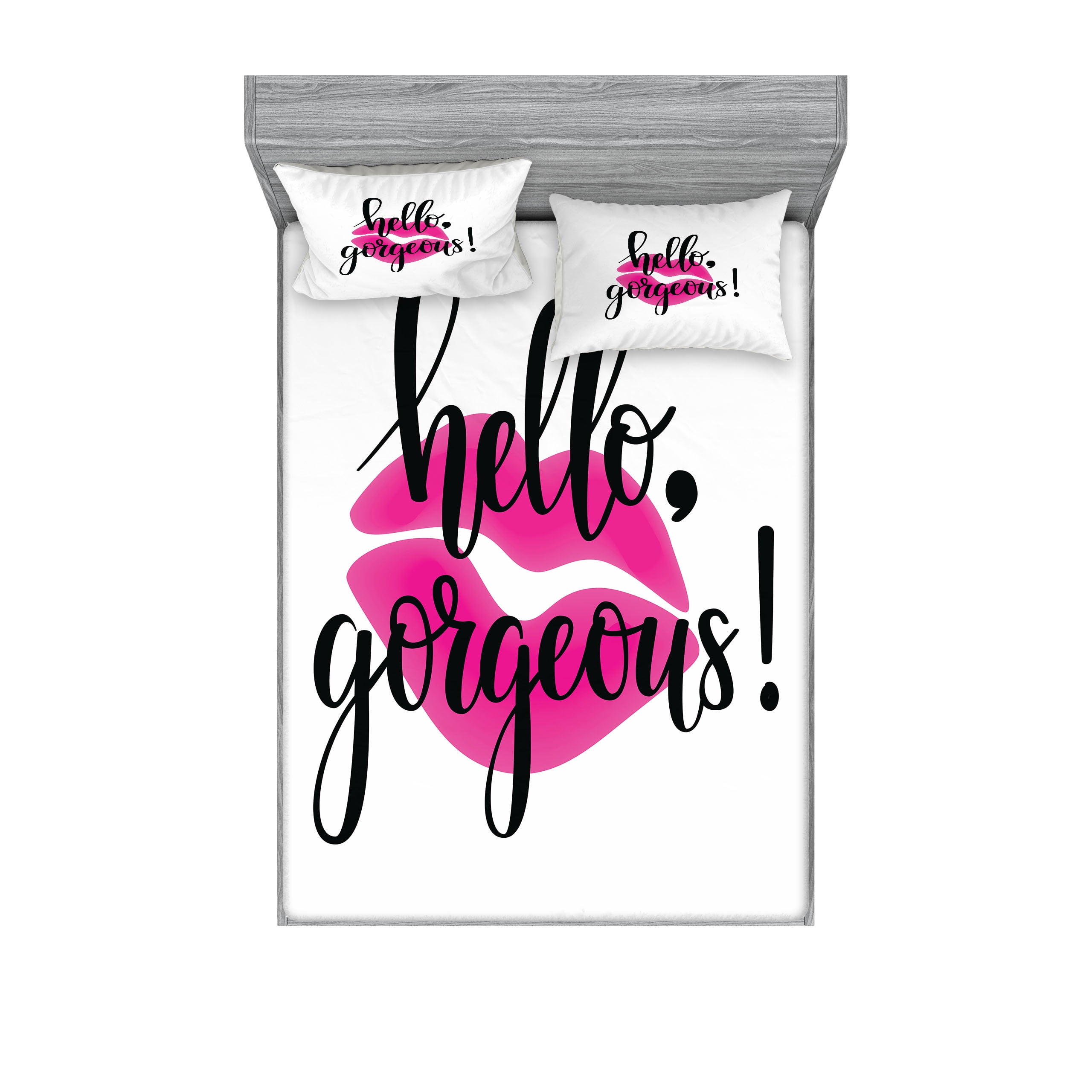Hello Gorgeous Fitted Sheet & Pillow Sham Set, Modern Saying with Lipstick for Ladies Girls ...