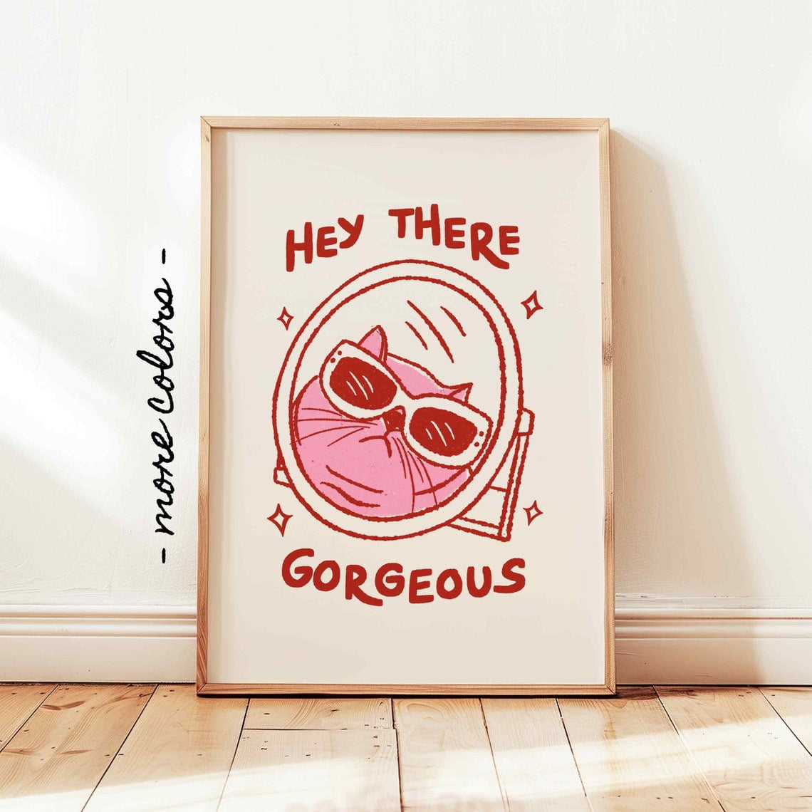 Hello Gorgeous Poster Redpink Cat Girly Positive Vibes Wall Decor ...
