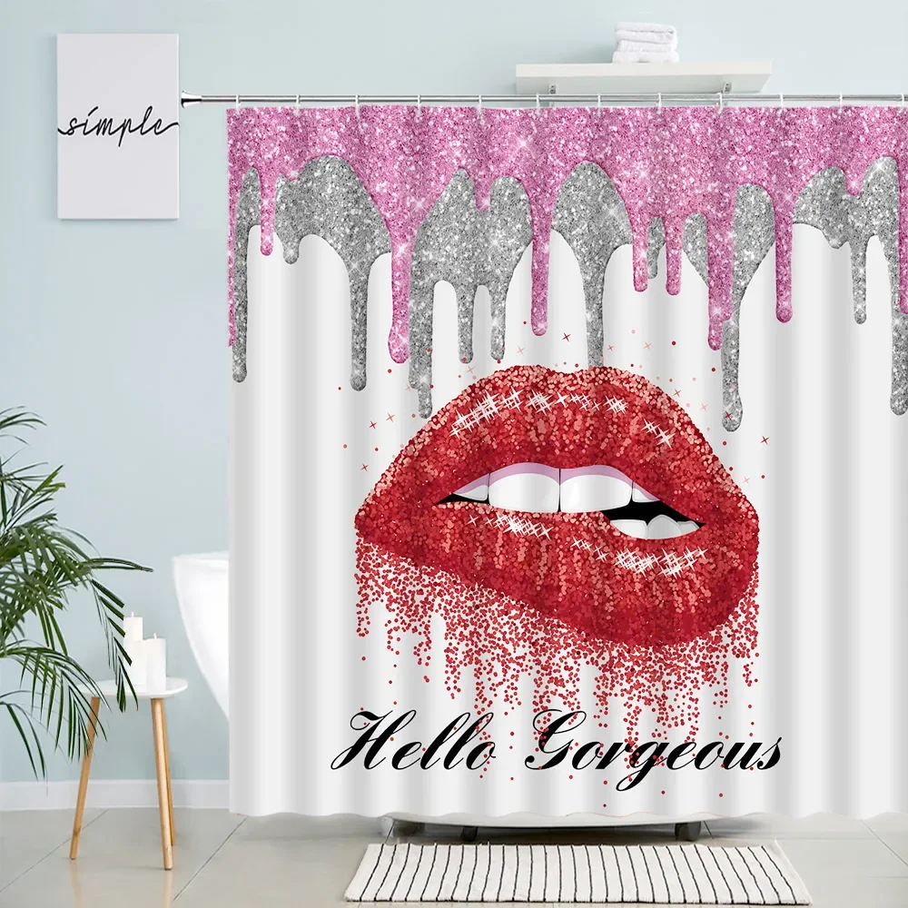 Hello Gorgeous Red Lips Shower Curtains Creative Design Fashion Art Woman Girl Bathroom r Bath ...