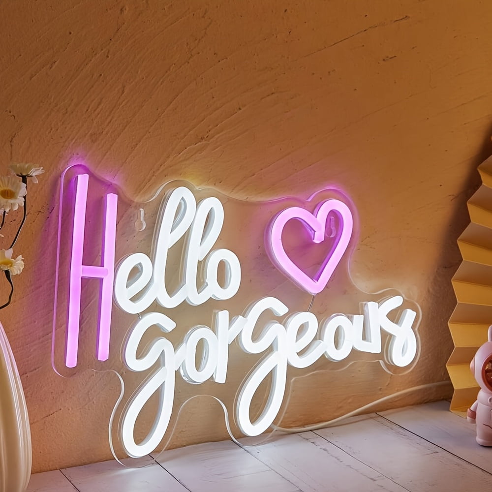 Hello Gorgeous White LED Neon Sign - USB-Powered Wall Art with Heart ...