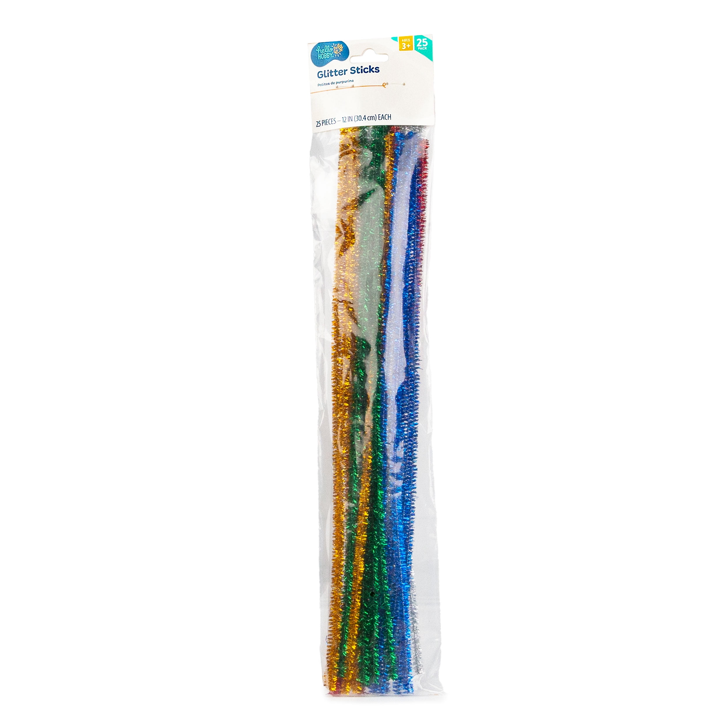 Hello Hobby Glitter Fuzzy Sticks 25 Pack 12-inch Assorted Colors Silver ...