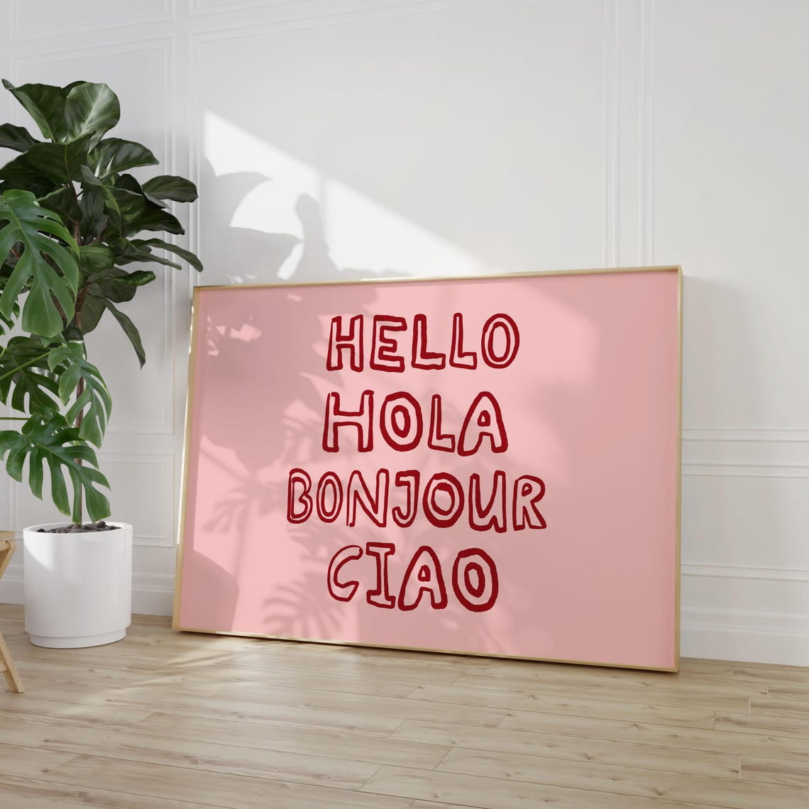 Hello Hola Bonjour Ciao Art Poster, Hand Drawn Pink And Red Preppy ...