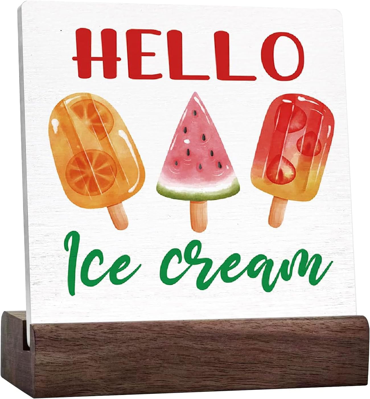 Hello Ice Cream Decor Ceramic Table Sign Summer Ice Cream Wooden Block ...