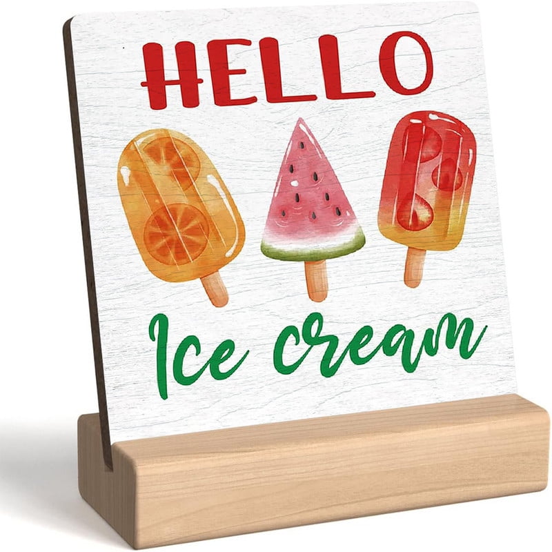 Hello Ice Cream Decor Wood Sign Summer Ice Cream Wooden Block Sign Desk ...