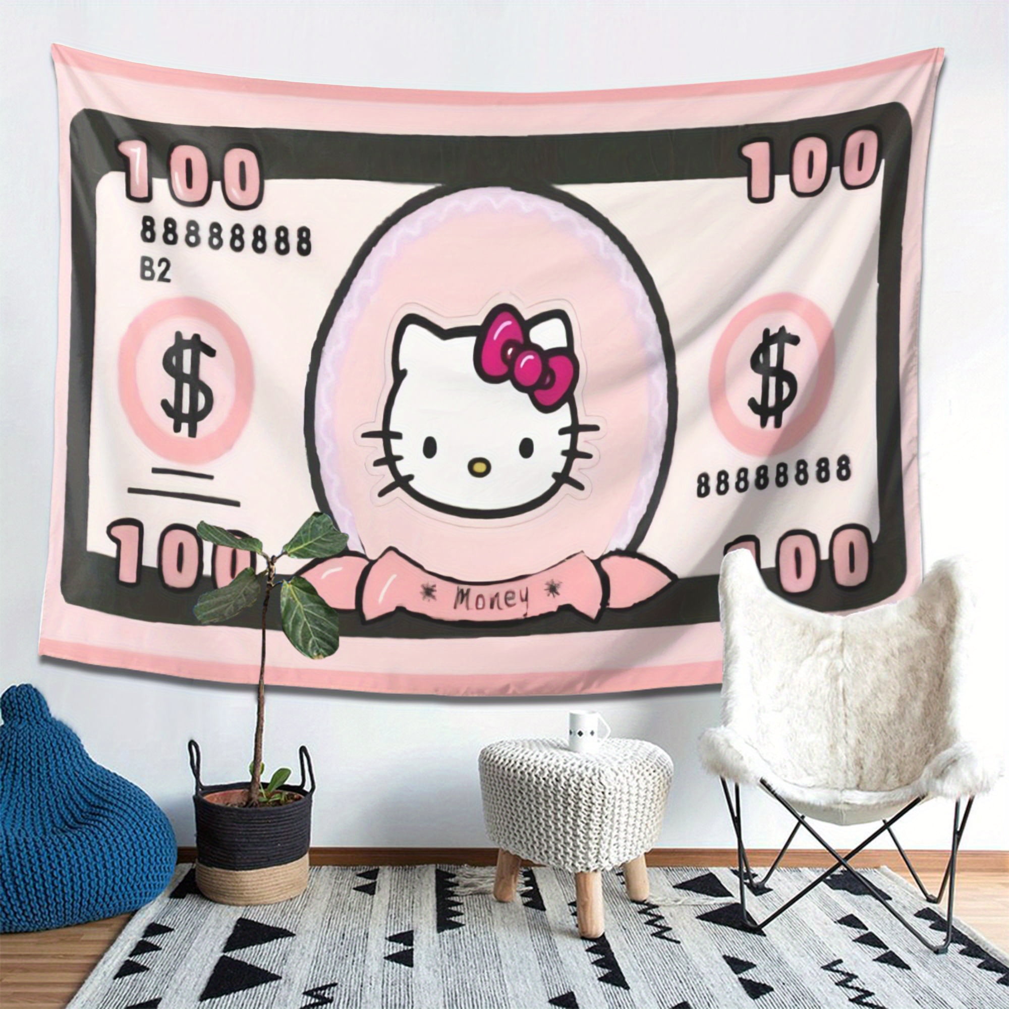 Hello Kitty 100 Dollar Bill Tapestry - Seasonal Wall Hanging Decor with ...