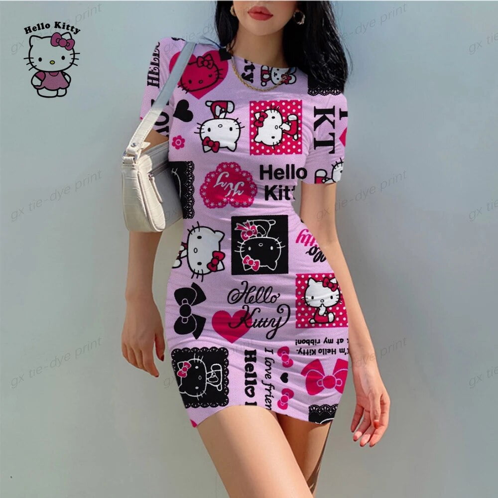 Hello Kitty 3d Print Bodycon Dress Elegant Long Sleeve Party Dresses