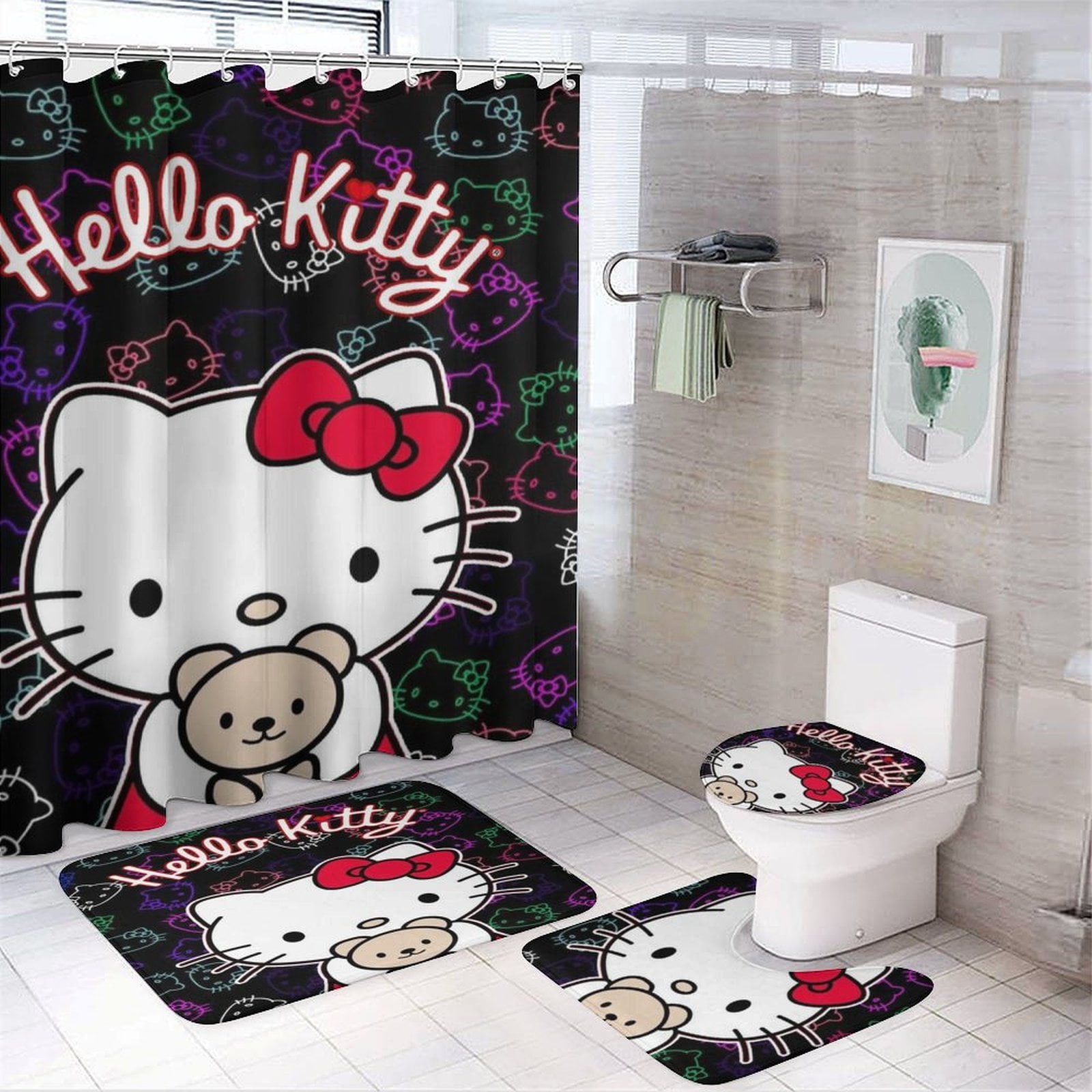 Hello Kitty 4 Pcs Shower Curtain Sets with Rugs, Bath Mat, U Shape And ...