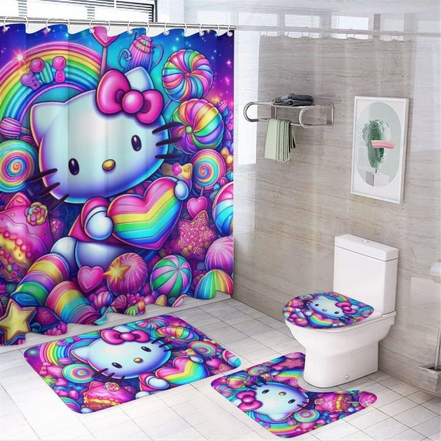 Kawaii Cat 4Pcs Family Shower Curtain Sets with Non-Slip Rugs, Toilet ...
