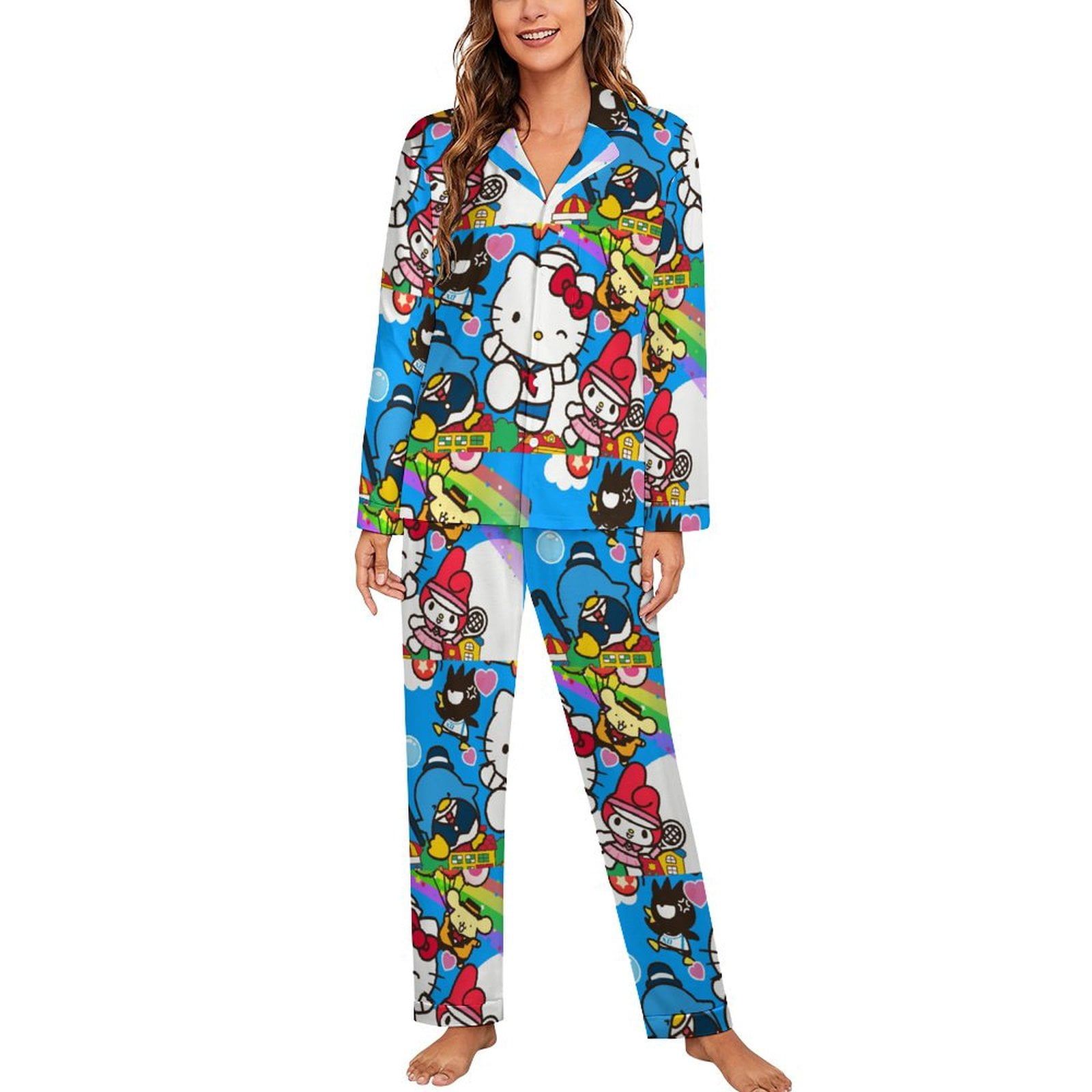 Hello Kitty And Friends Womens Silk Satin Pajamas Set Button Down 2 ...