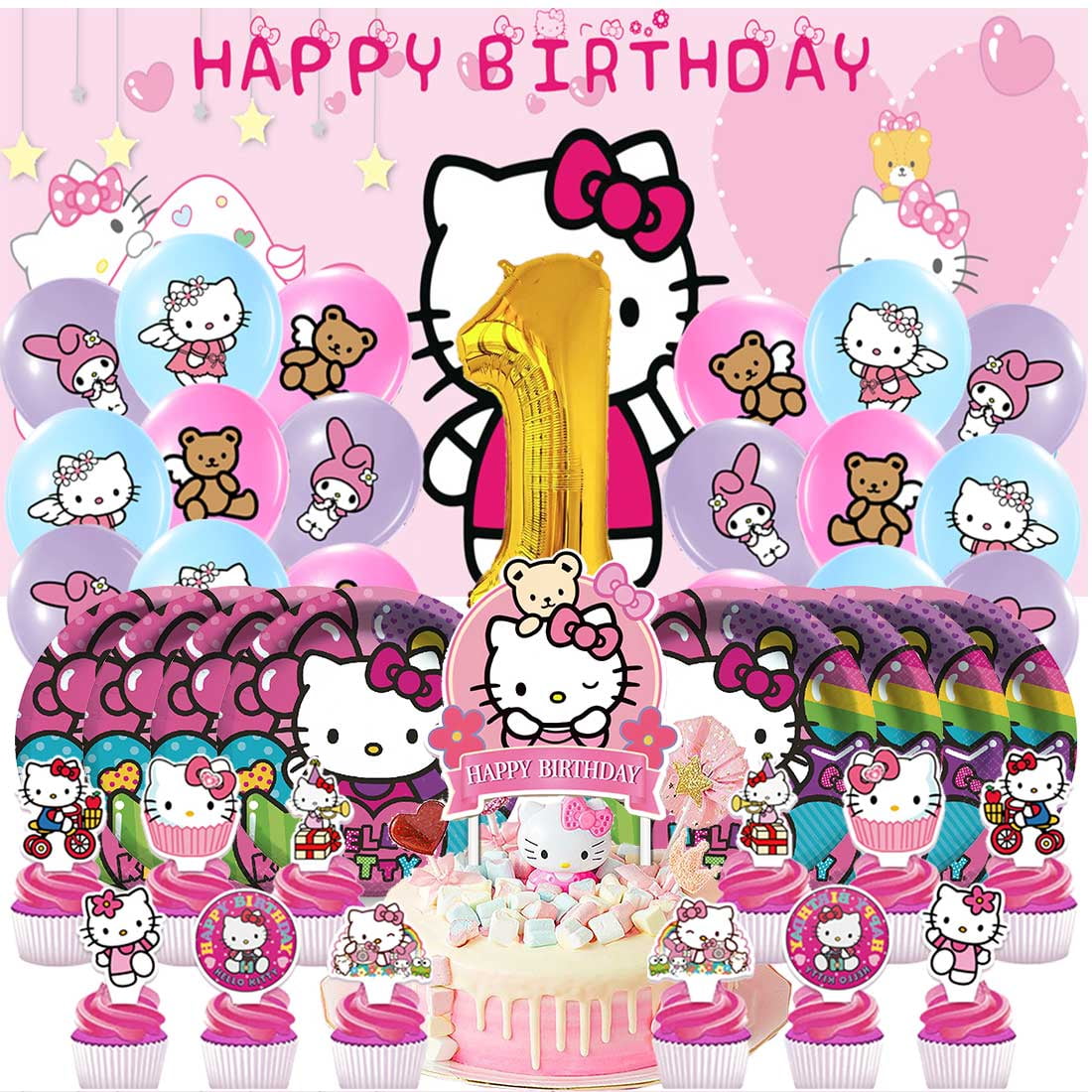 Hello Kitty Balloons Party Supplies 1st Decor Tableware Birthday Cake ...