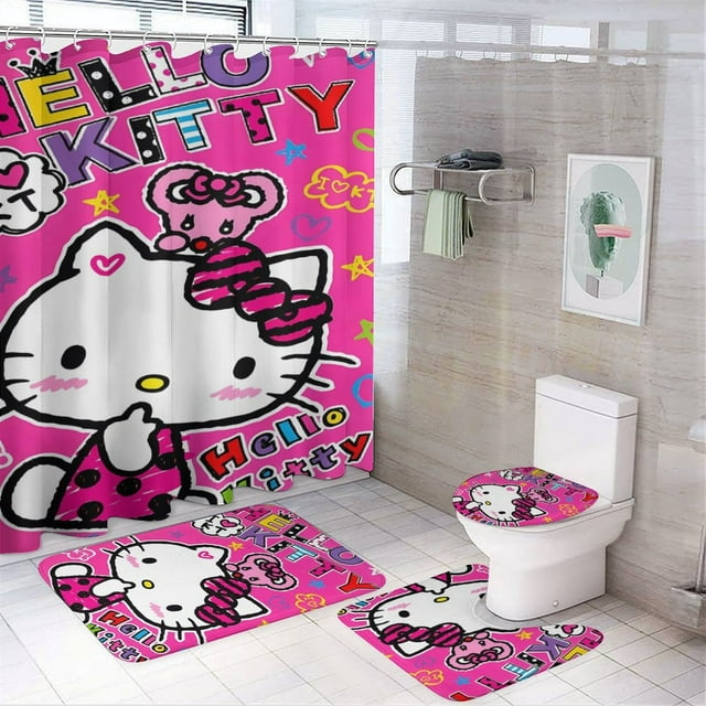 Hello Kitty Bathroom Set - 4 Piece Shower Curtain Set with 72x72 inch ...