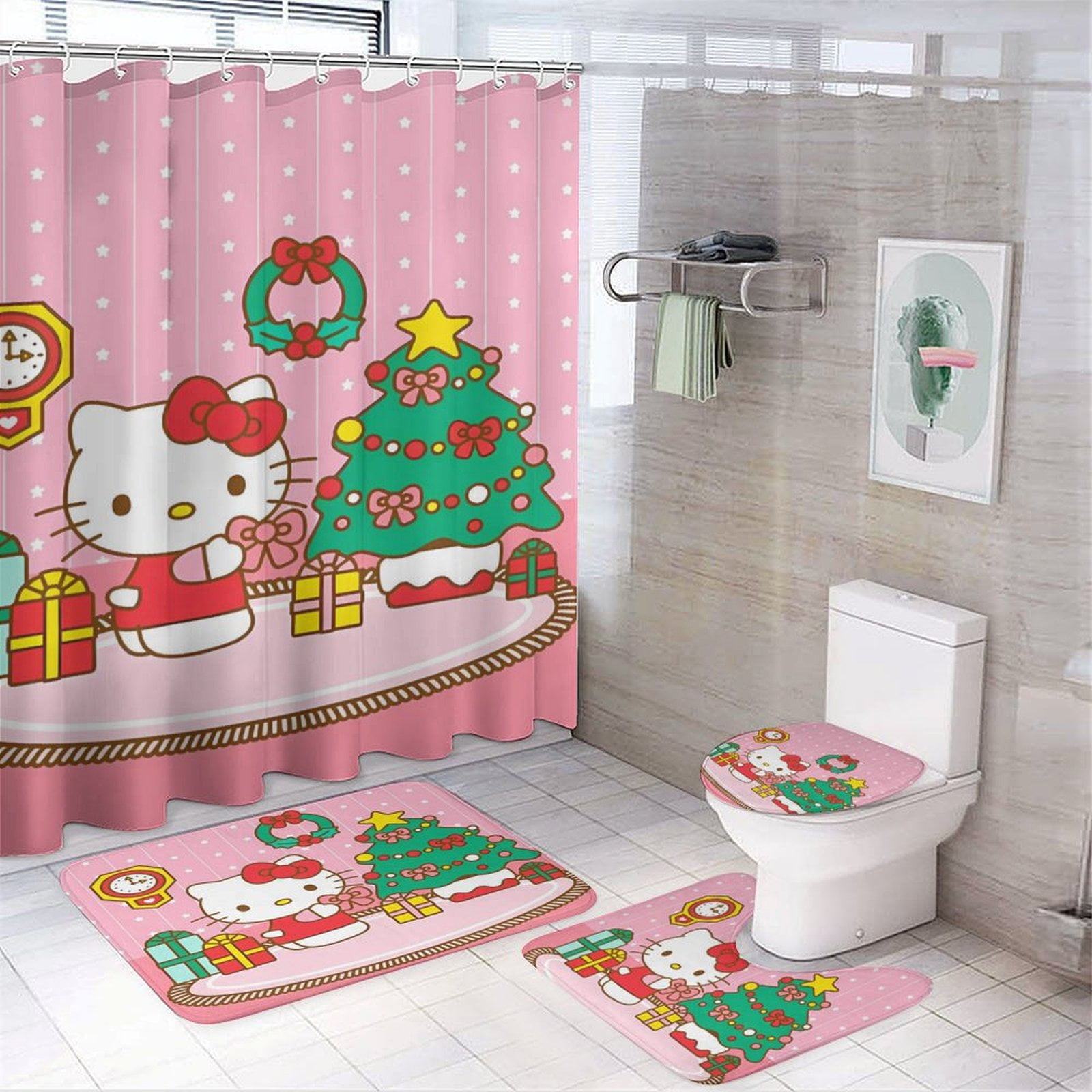 Hello Kitty Bathroom Set - 4 Piece Shower Curtain Set with 72x72 inch ...