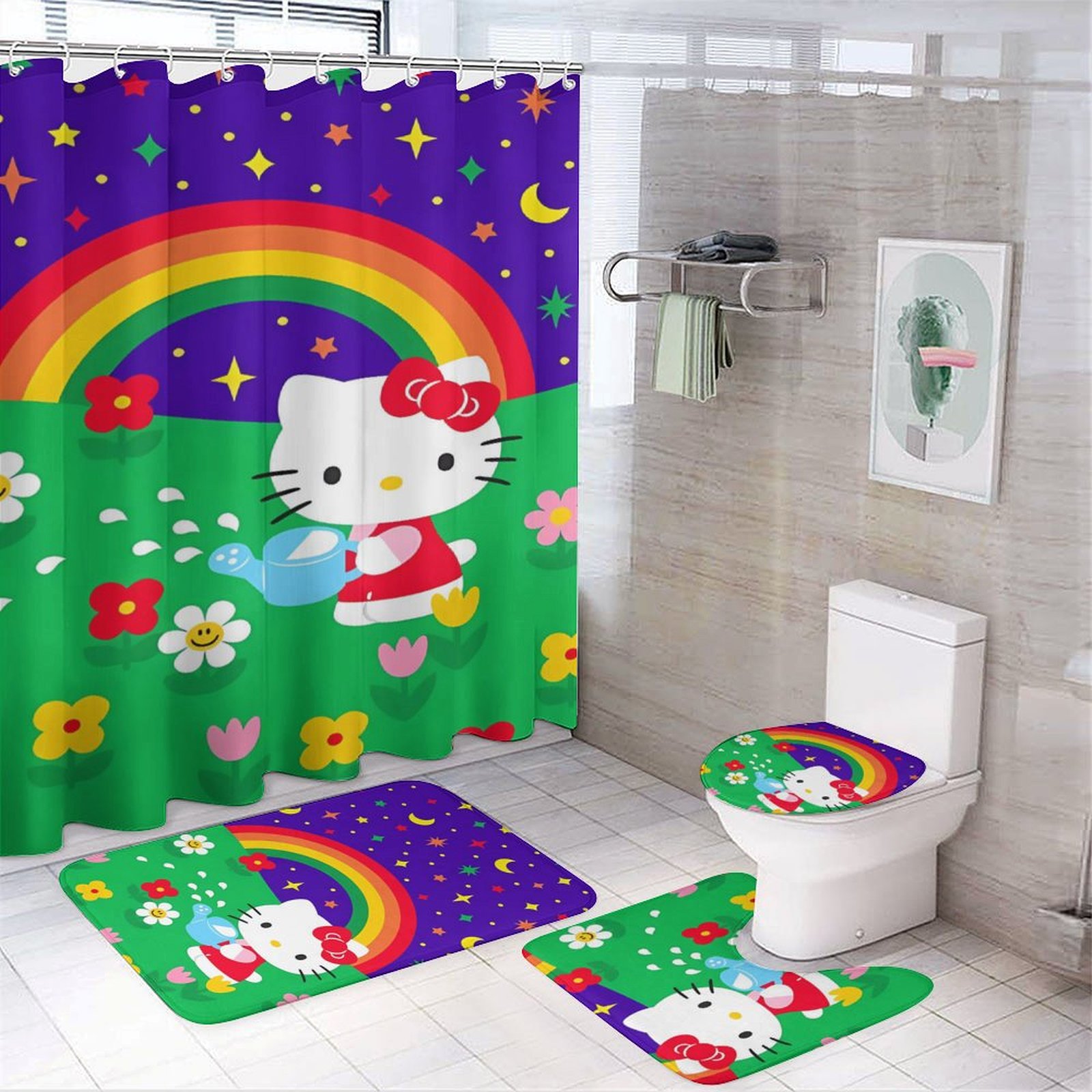 Hello Kitty Bathroom Set - 4 Piece Shower Curtain Set with 72x72 inch ...